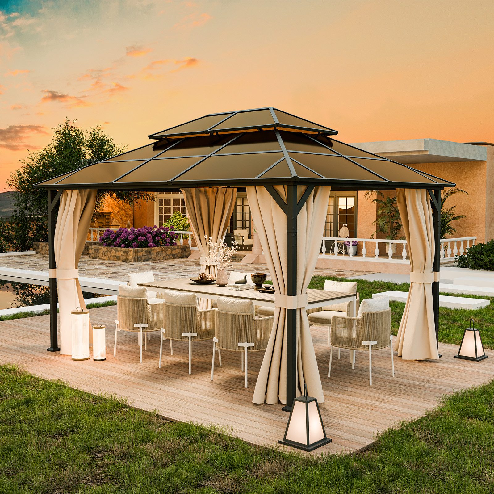 UDPATIO Pavillon 3x4 m Pavillon Polycarbonat Doppeldach mit Vorhängen ...