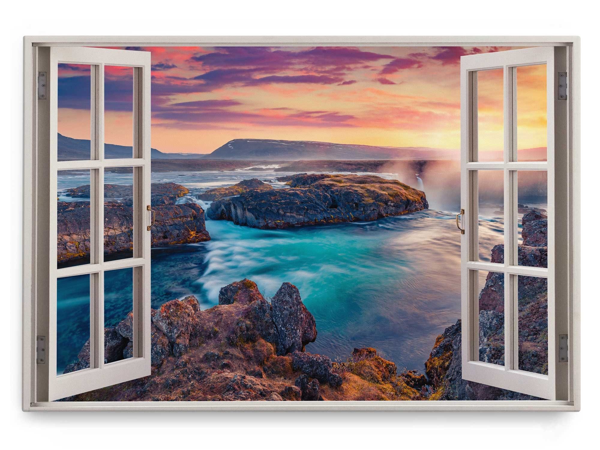 Sinus Art Leinwandbild Wandbild 120x80cm Fensterbild Island Landschaft Berge Meer Küste Sonne ...
