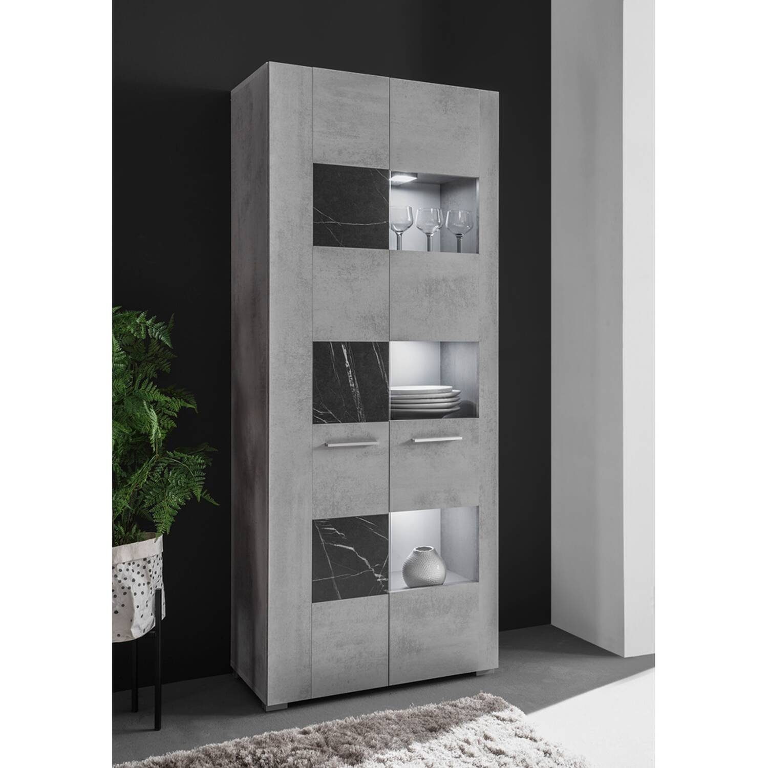 Lomadox Vitrine Mora 61 Vitrinenschrank In Stein Grau Mit Marmor