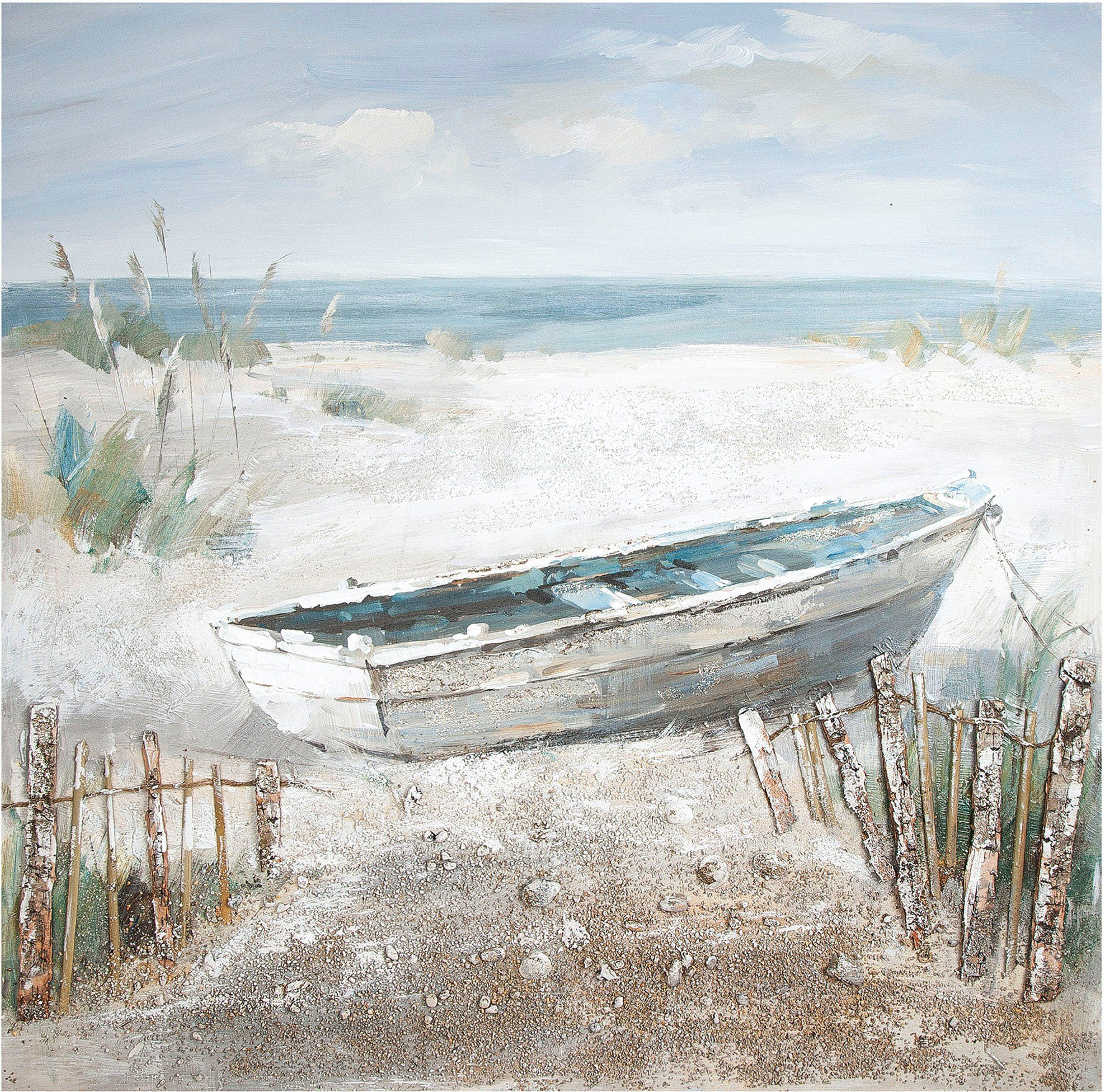 GILDE Leinwandbild Gemälde Boot am Strand, (1 St), handgemalt