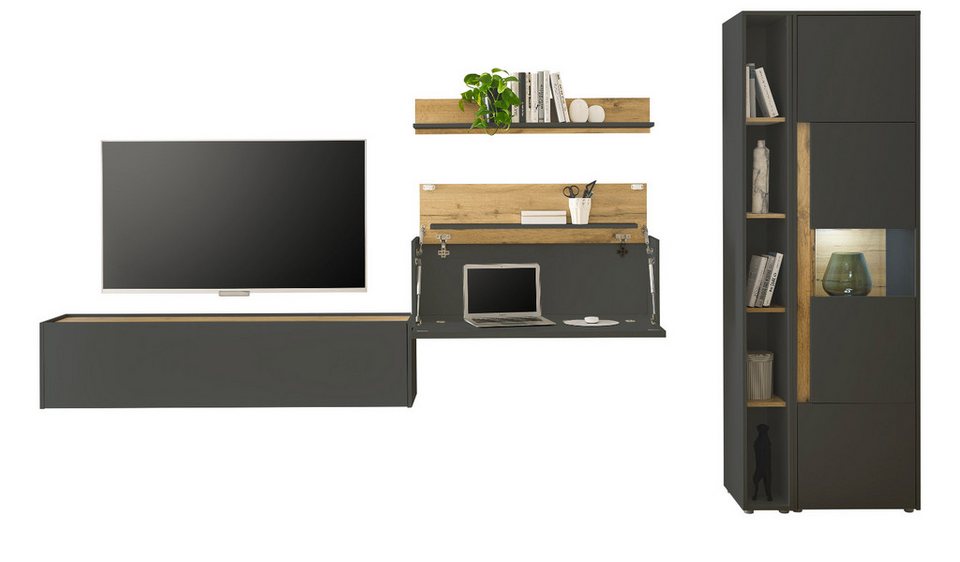 Furndesign Wohnwand Center In Grau Mit Wotan Eiche Set 5 Teilig Ca
