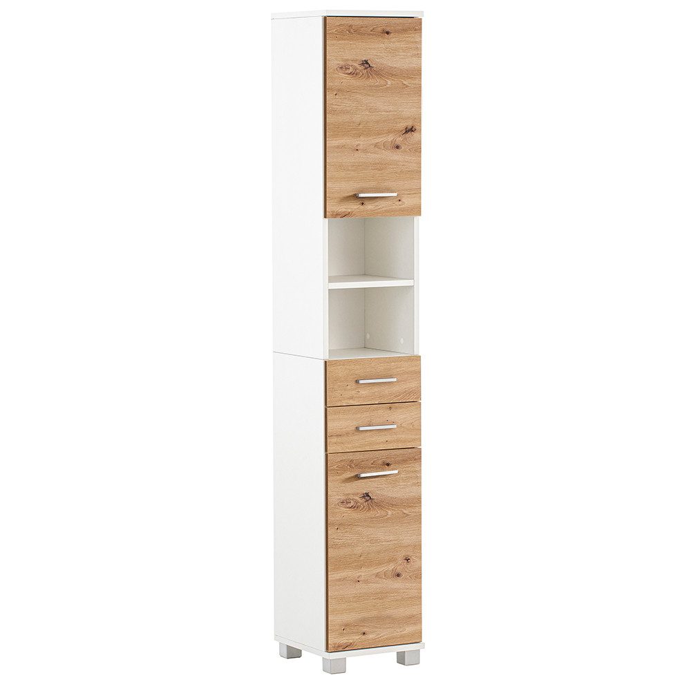 Lomadox Hochschrank Providence 80 In Weiß Mit Eiche 30cm Breit Rechts
