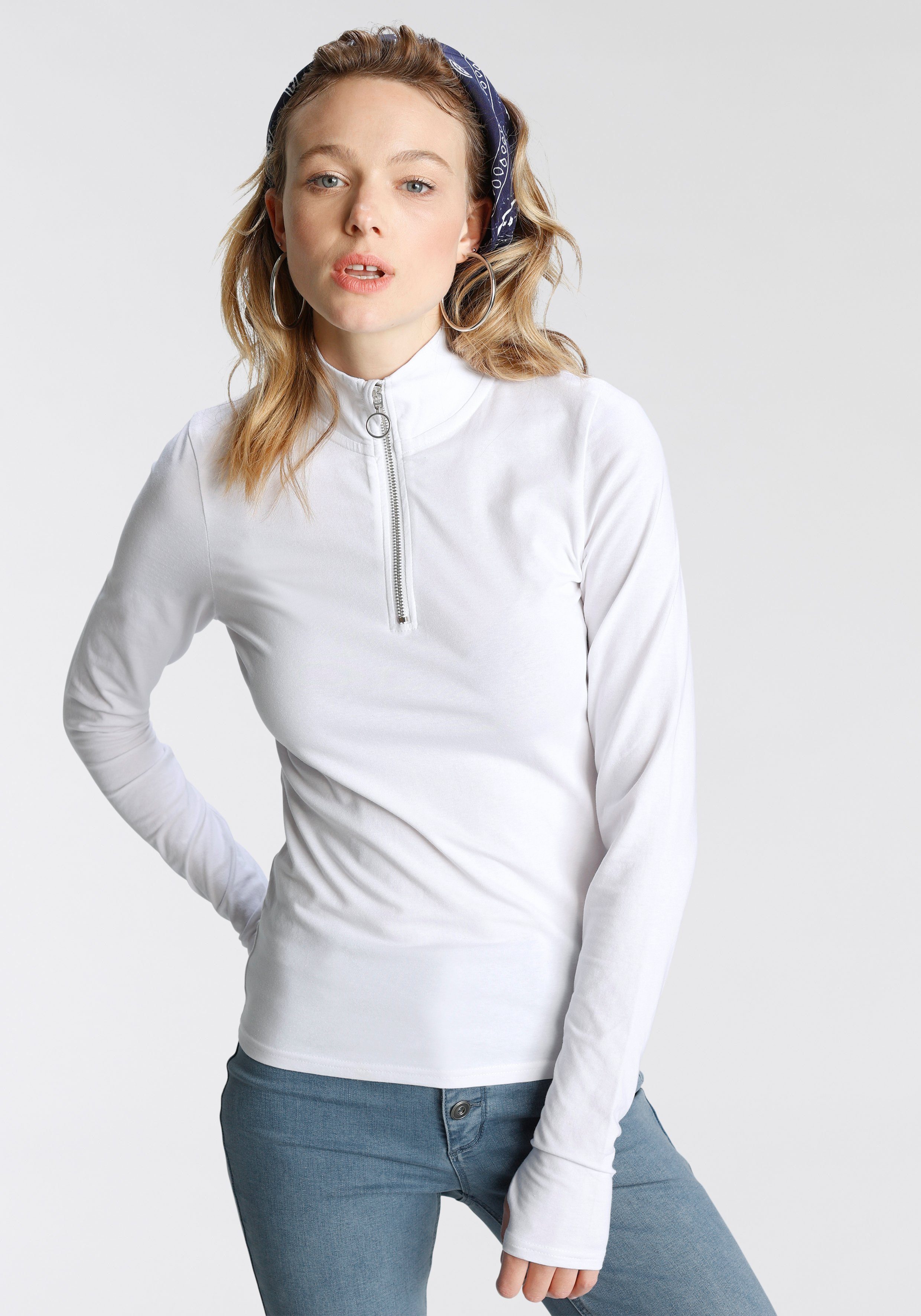 Ajc Langarmshirt Mit Stehkragen Mit Reißverschluss And Extra Lange Ärmel