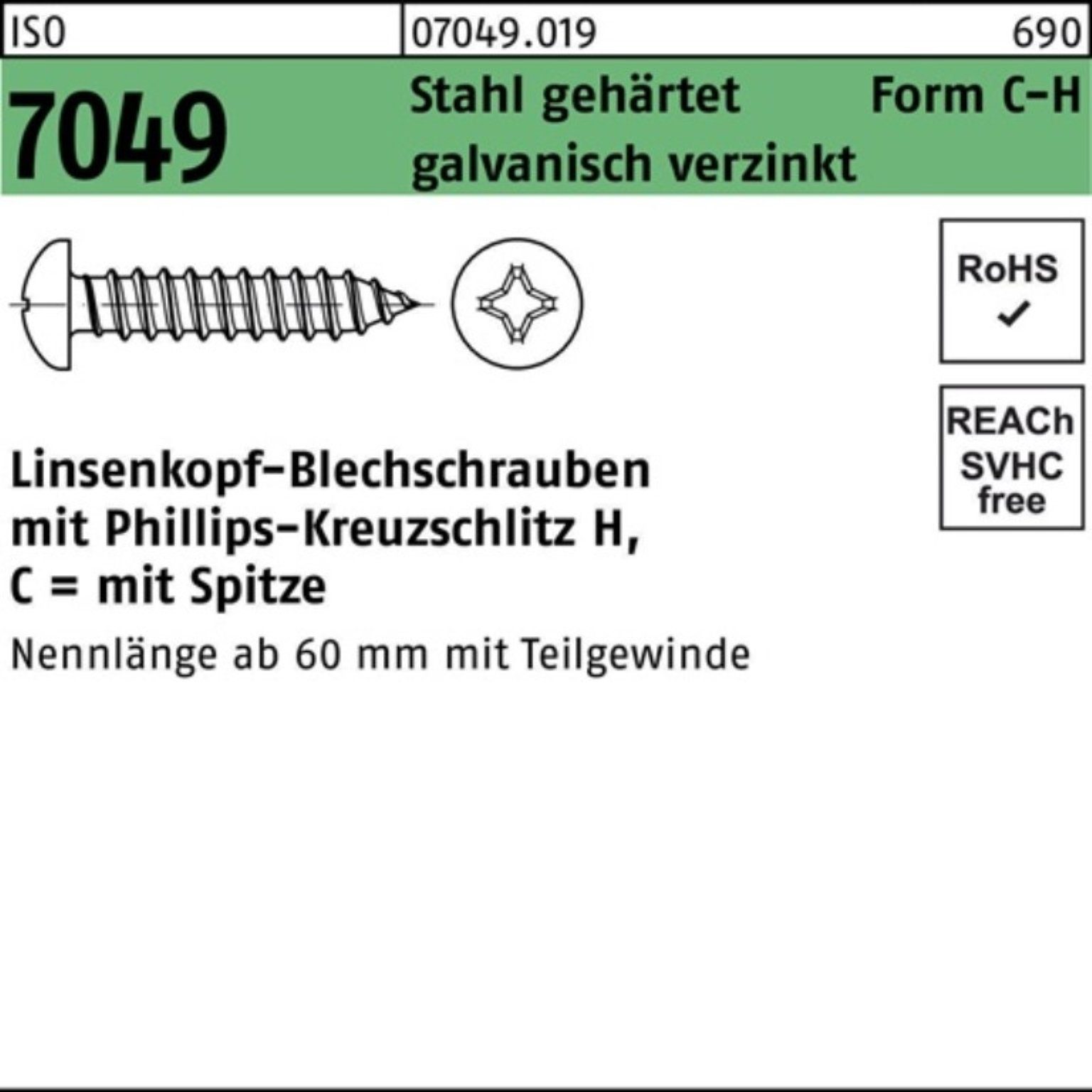 Reyher Blechschraube 100er Pack Blechschraube C6,3 x 19 -H ISO 7049 LIKO m.Spitze/Kreuzschl