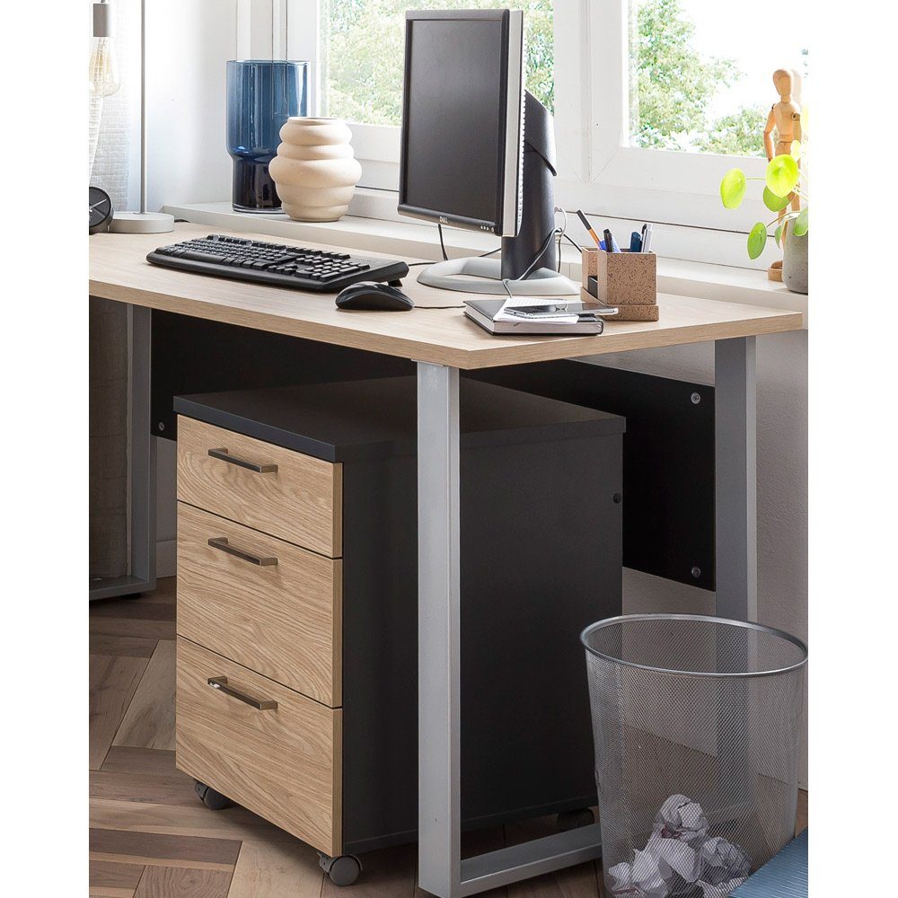 Lomadox Rollcontainer Meta 80 Büro In Anthrazit Mit Eiche Hell Nb B
