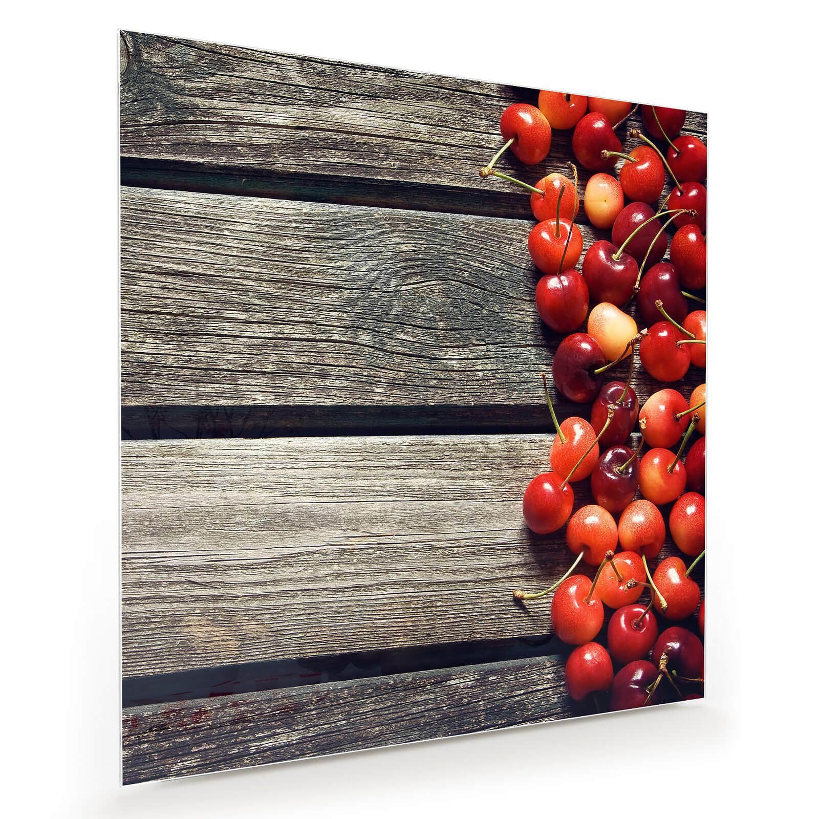 Primedeco Glasbild Wandbild Quadratisch Kirschen Auf Holzbrett Mit