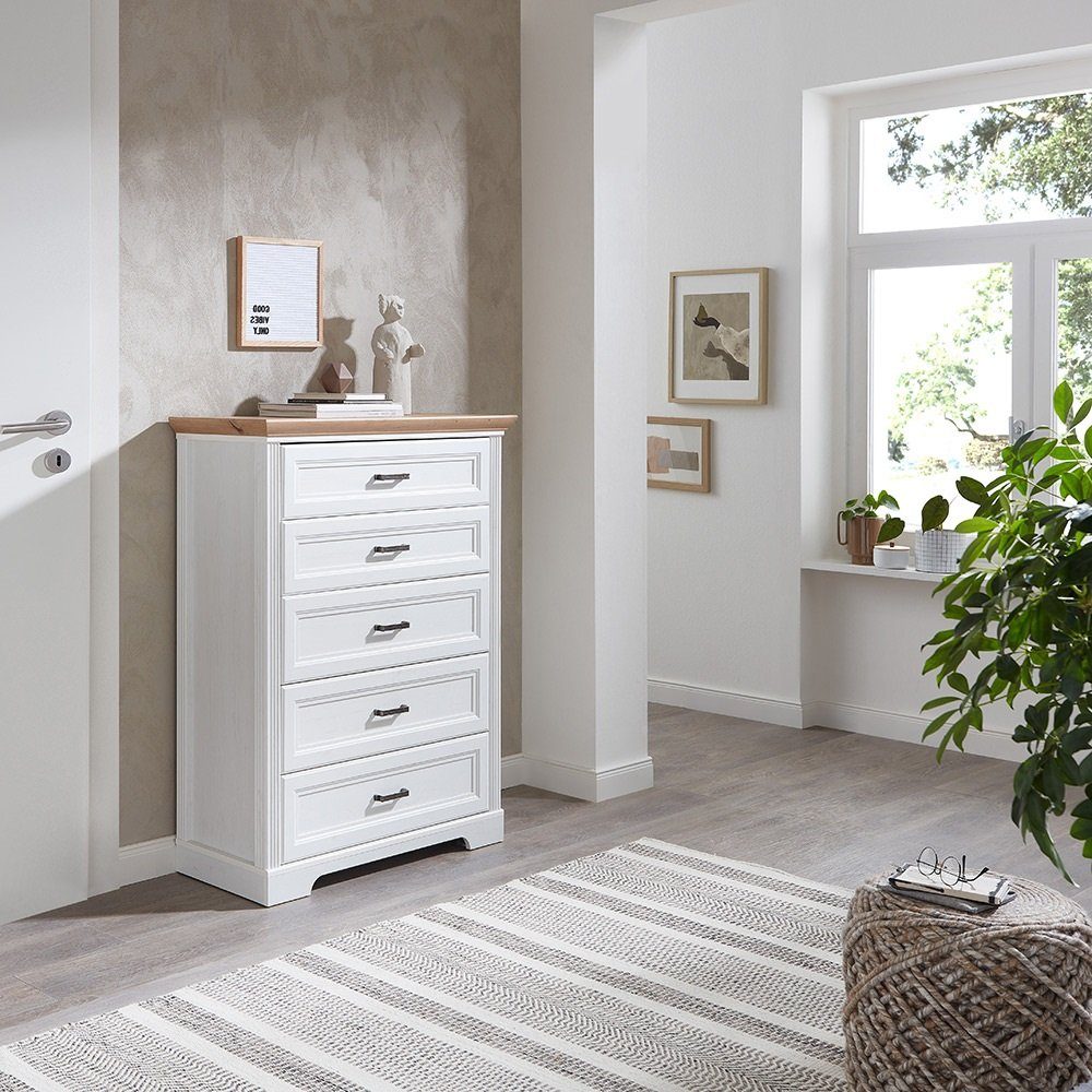 Lomadox Kommode JÜLICH-36, in Pinie weiß Nb. mit Artisan Eiche Nb. 93/121/41 cm