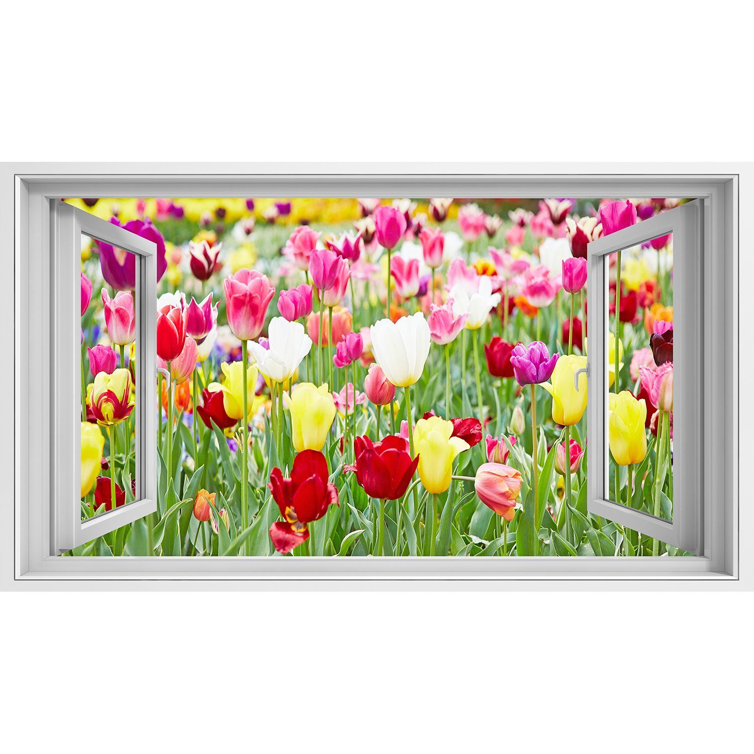 islandburner Leinwandbild Fensterblick Verschiedene Blumen und blühende Tulpen im Panorama Forma