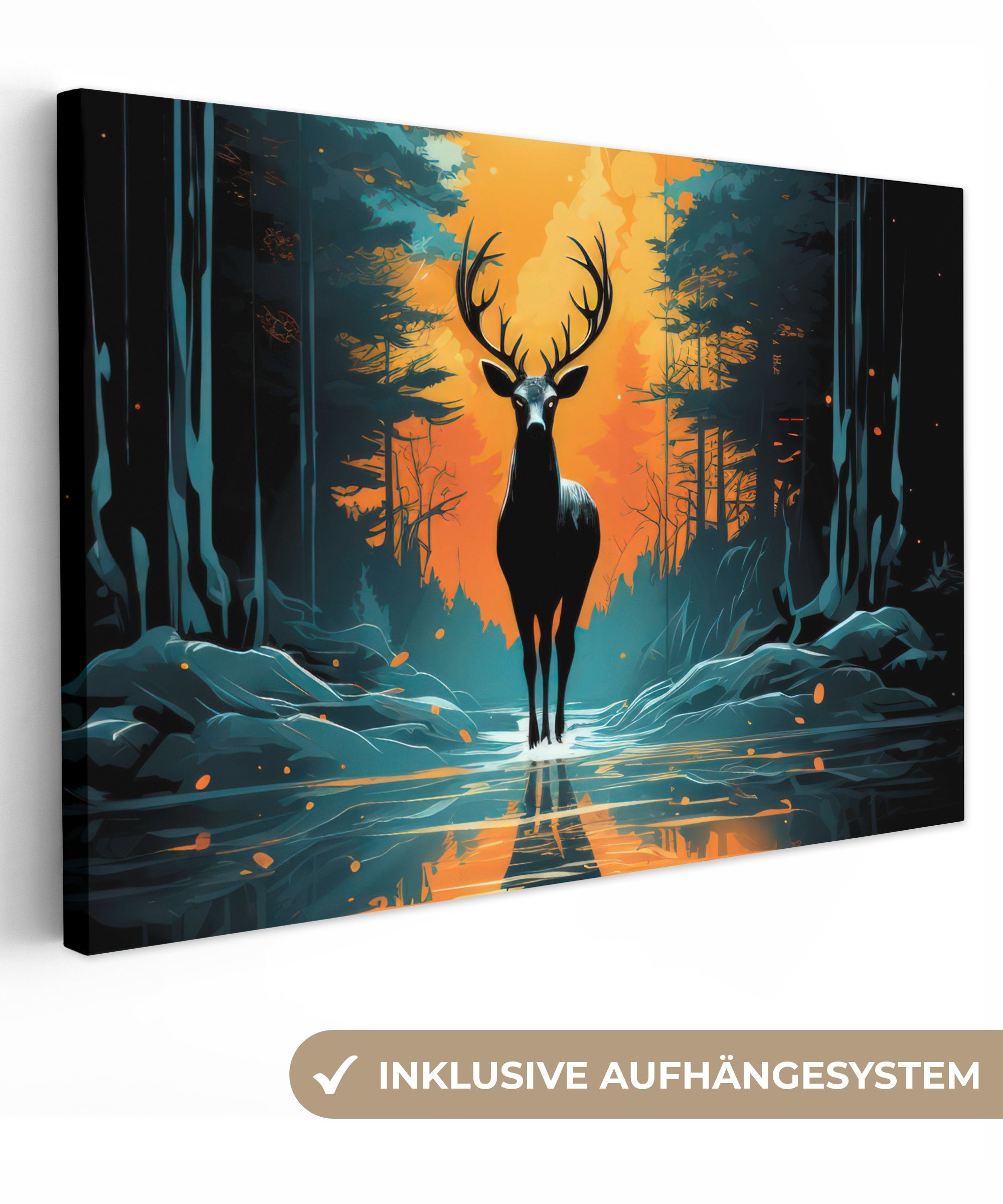 Onemillioncanvasses® Leinwandbild Retro Hirsche Natur Wasser