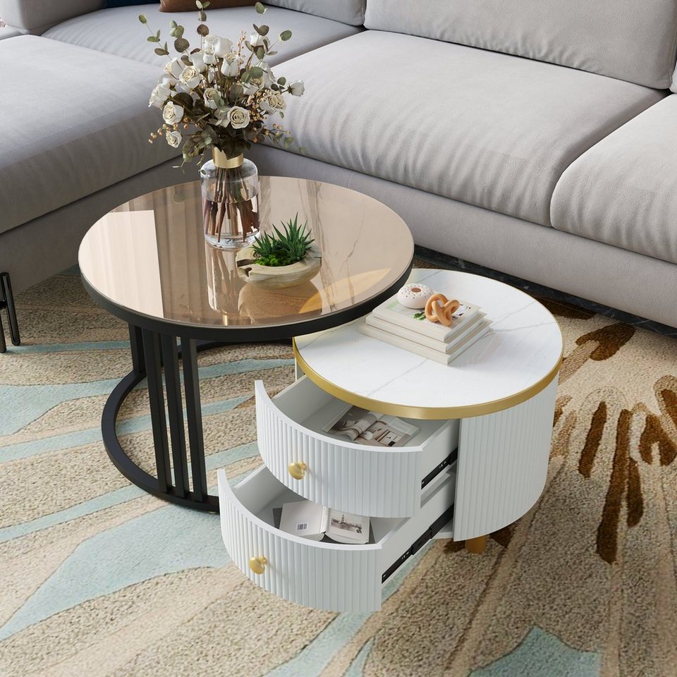 Merax Couchtisch Set Rund Satztisch Wohnzimmertisch Marmoroptik 2 St
