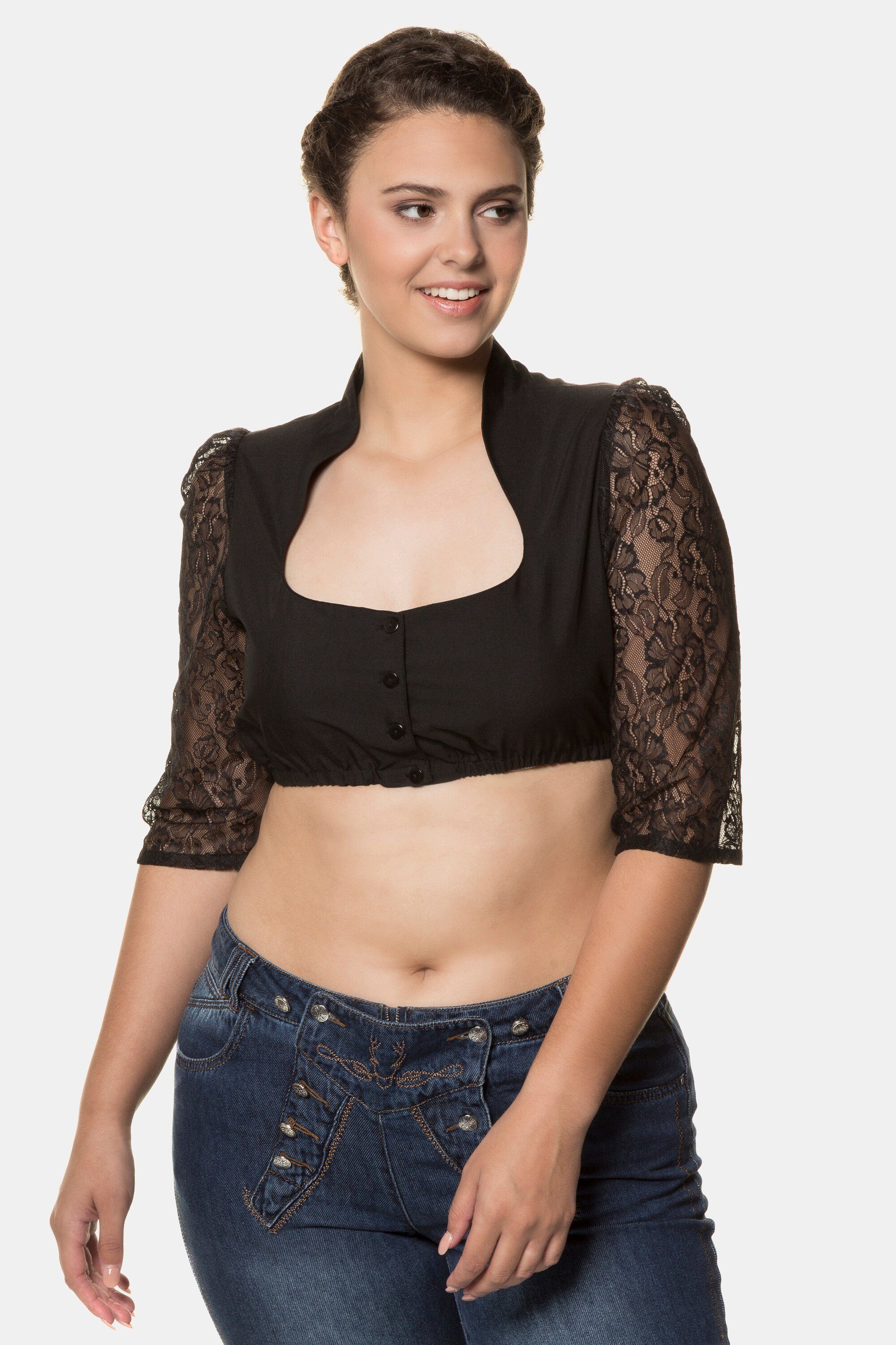 Ulla Popken Longbluse Dirndlbluse Spitzenärmel Kurze Form Herzausschnitt