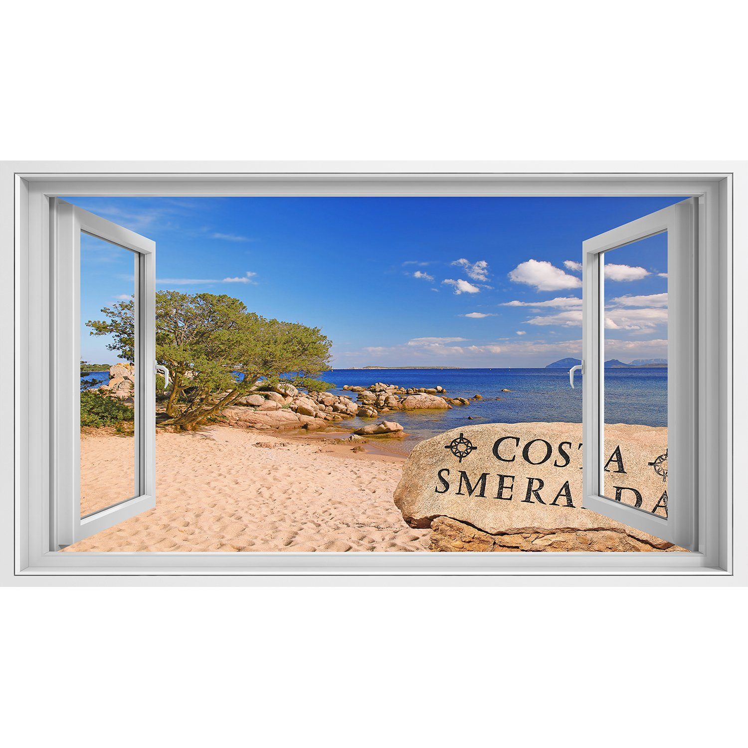 islandburner Leinwandbild Fensterblick Sardiniens Küste mit berühmtem Teil der Costa Smeralda mi