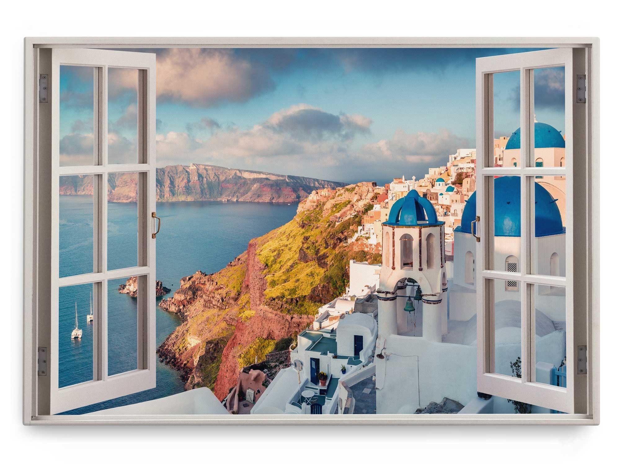 Sinus Art Leinwandbild Wandbild 120x80cm Fensterbild Santorini Griechenland Insel Mittelmeer, (1 ...