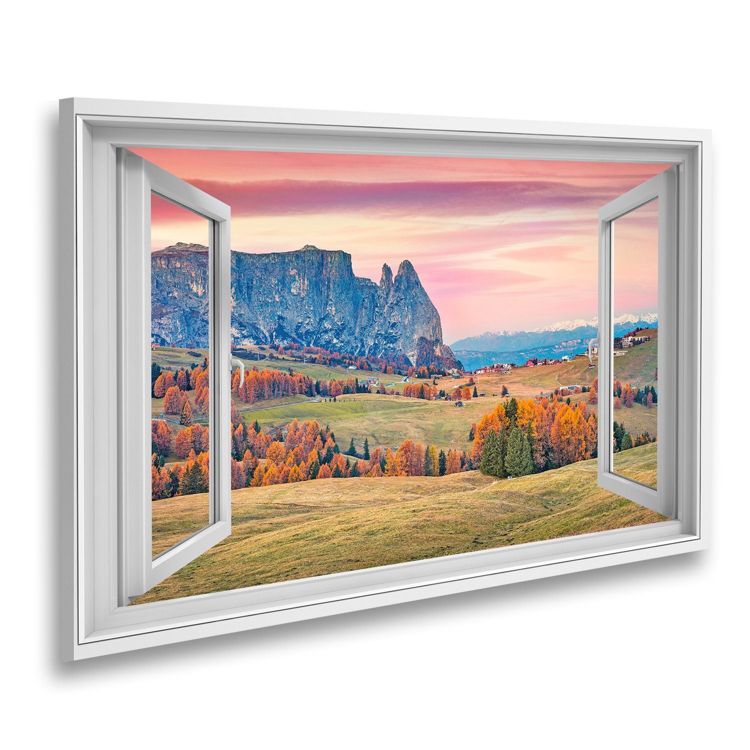 islandburner Leinwandbild Fensterblick Unglaublicher Sonnenaufgang auf der Seiser ALM mit schöne