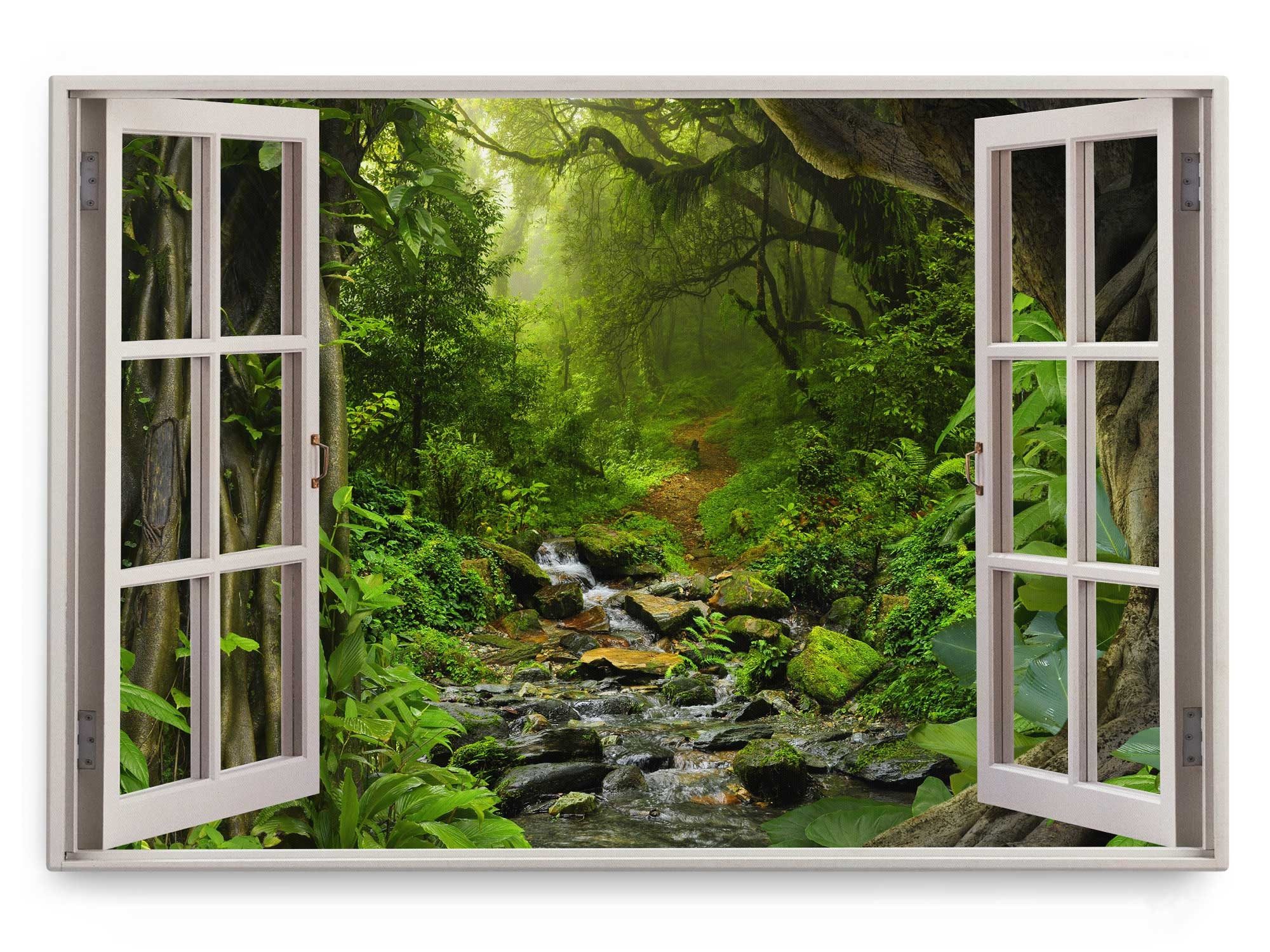 Sinus Art Leinwandbild Wandbild 120x80cm Fensterbild Wald Bach Grün Natur Fluss Bäume, (1 St)