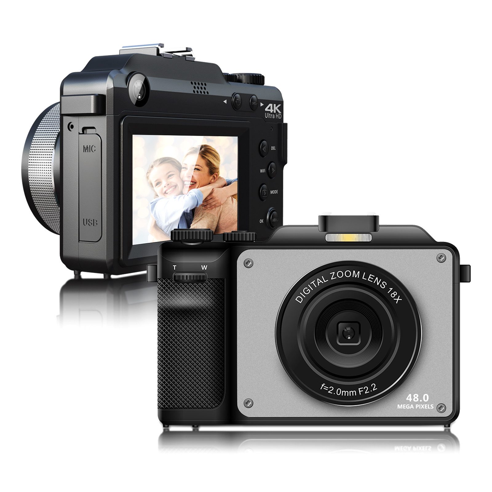 HT Digitalkamera doppelt 48MP, 4K-Video, Kompaktkamera (18x Zoom, Anti-Schüttel 3D-Sound ...