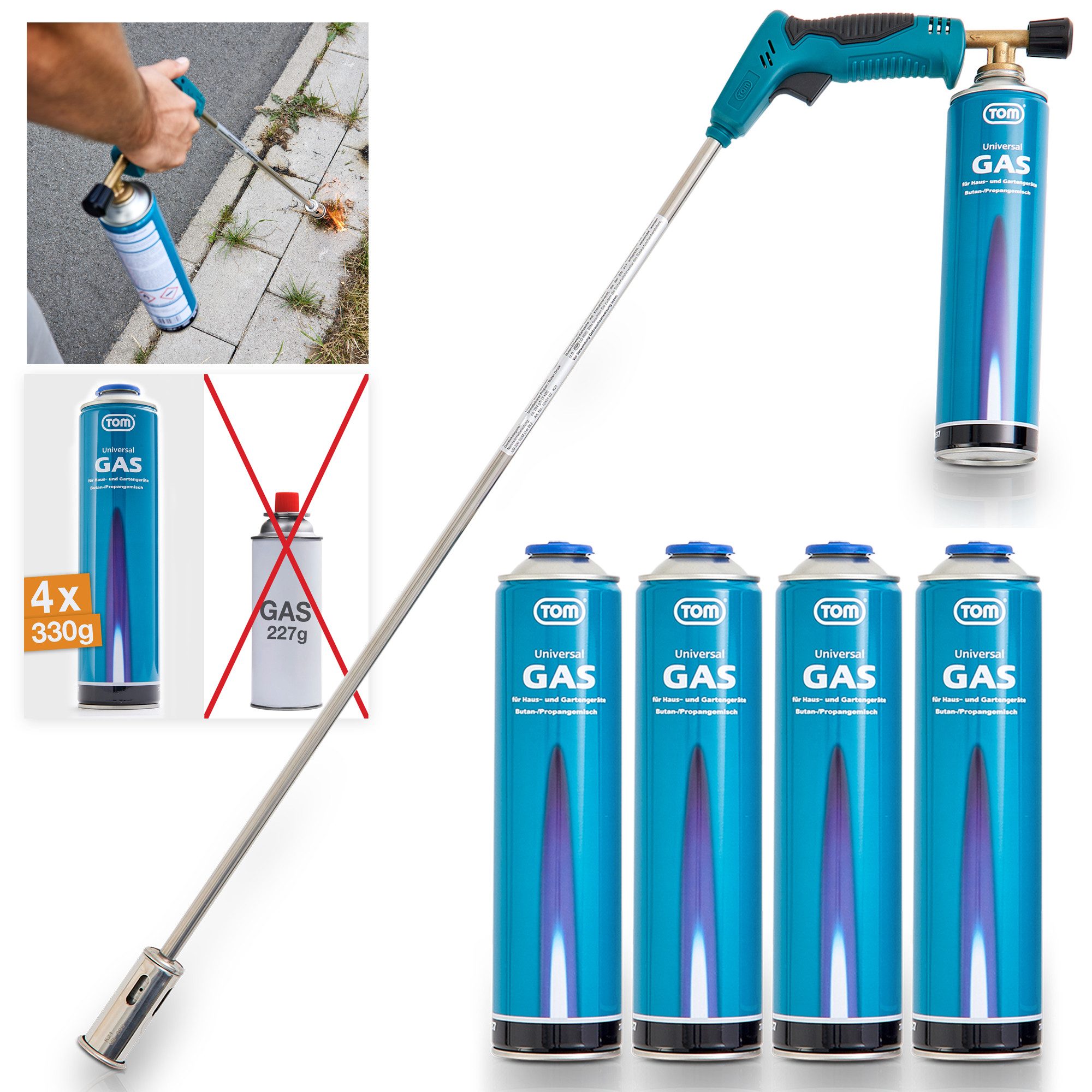 TOM Unkrautbrenner UB-200 mit 4x 330g Gaskartuschen, 1000 °C maximal, Piezozündung ...