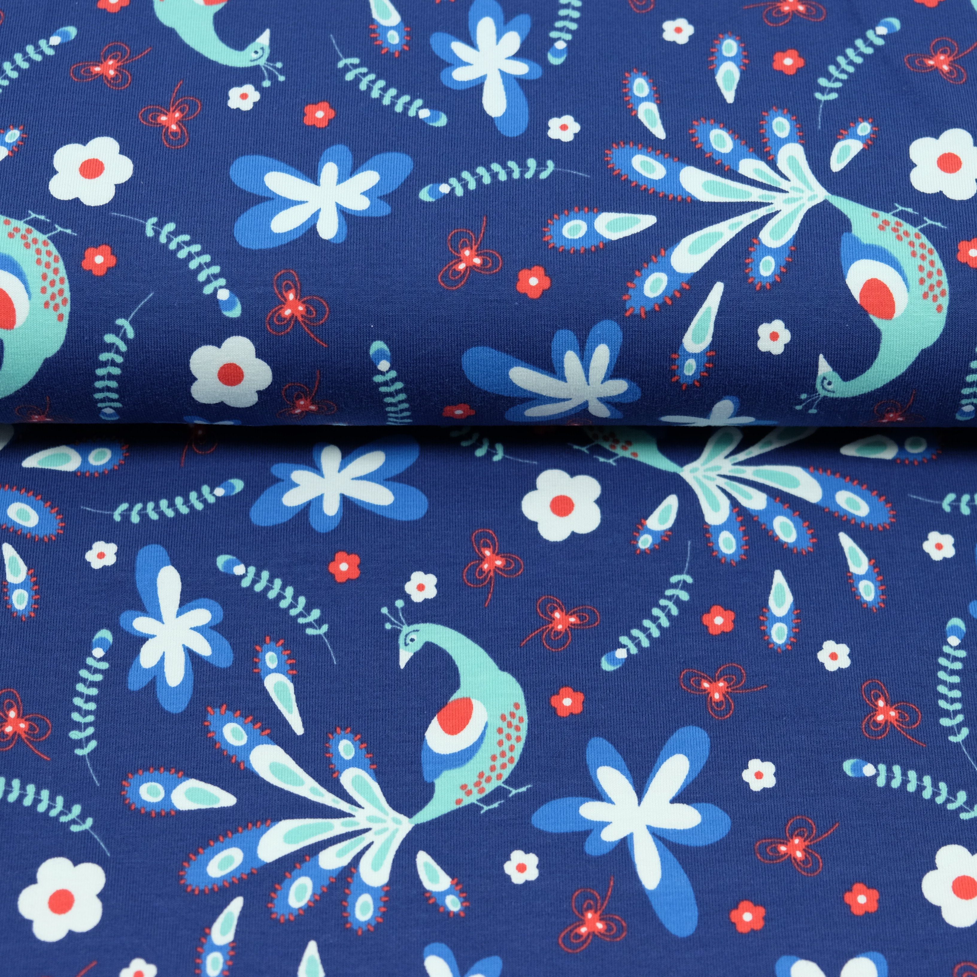 Larissastoffe Stoff Jersey Stoff Pfau Blumen Jeansblau 990 Eurm
