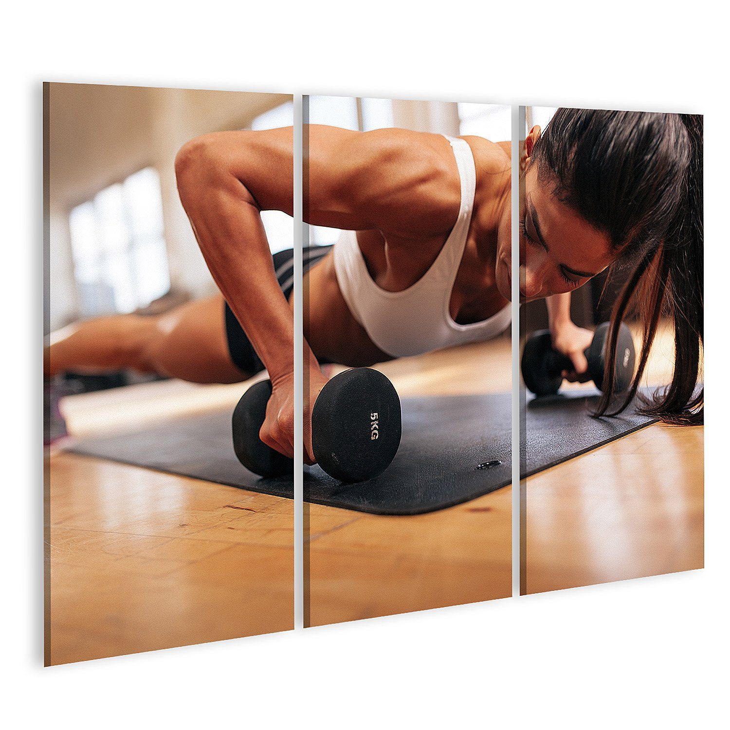 islandburner Leinwandbild »Bild auf Leinwand Starke junge Frau macht Liegestütze Übung mit ...