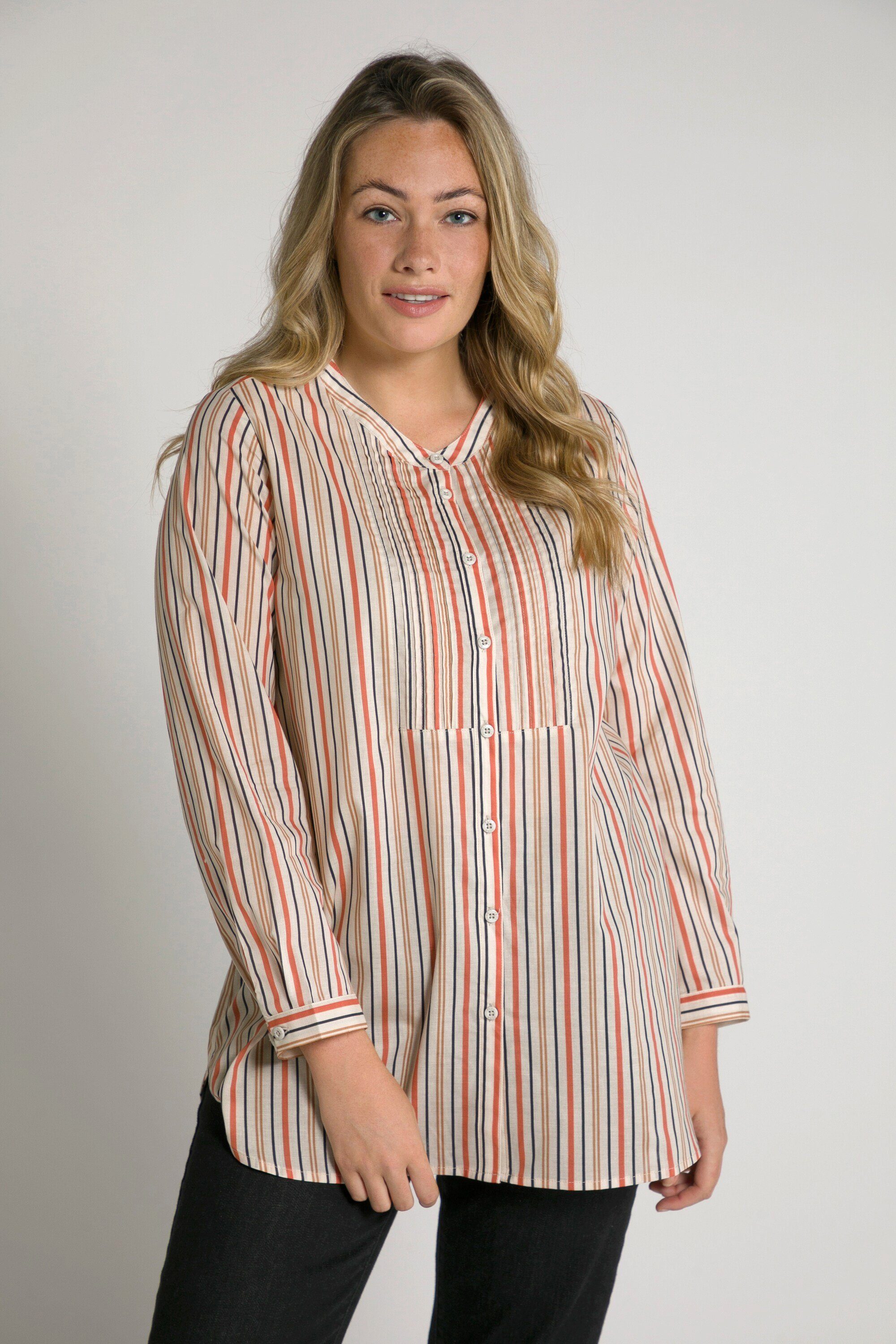 Ulla Popken Longbluse Streifenbluse Biesen A Linie Rundhals Biobaumwolle