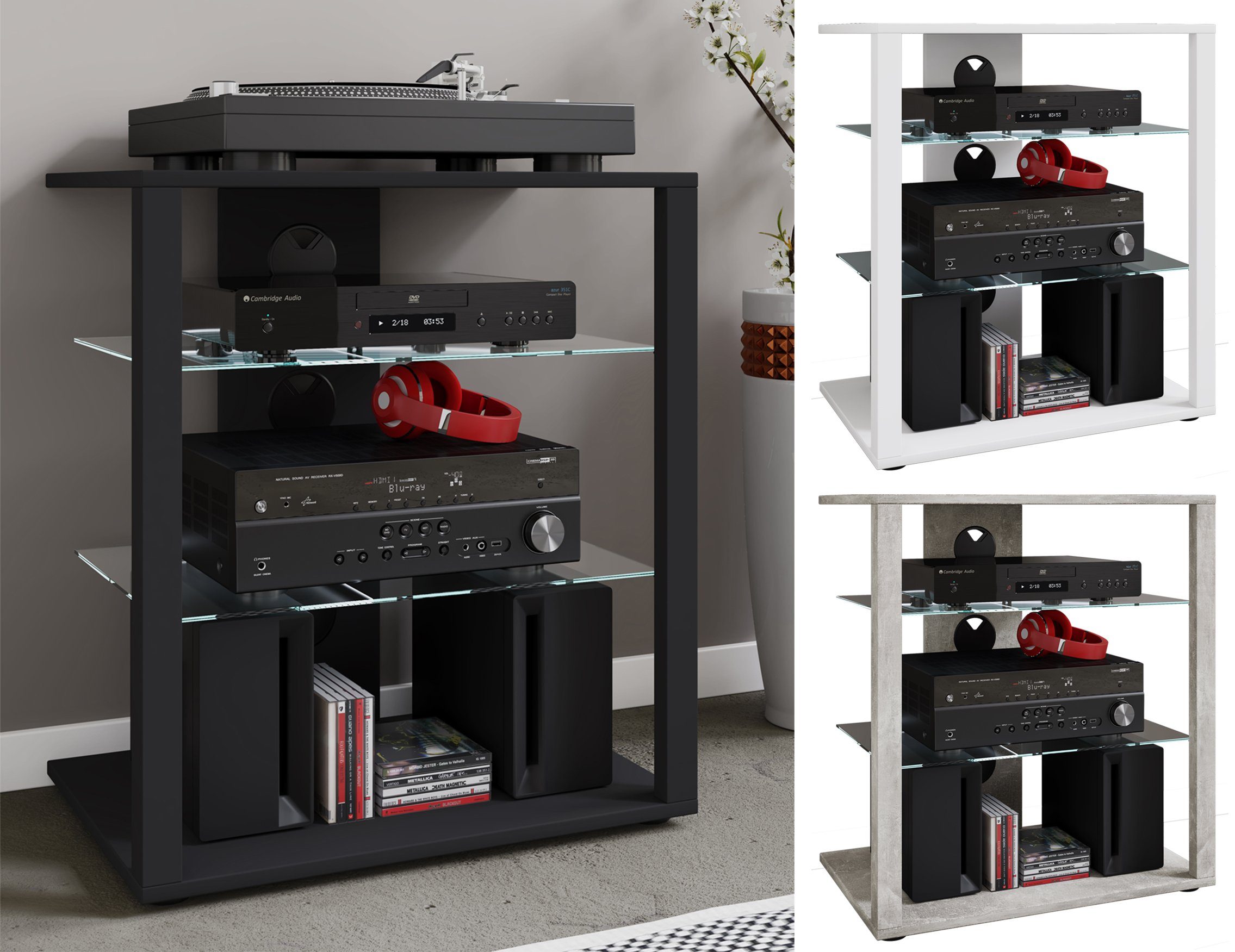 VCM TV-Rack Hifi Möbel Rack Alu Glas Phono Mediaregal Folas, für das ...