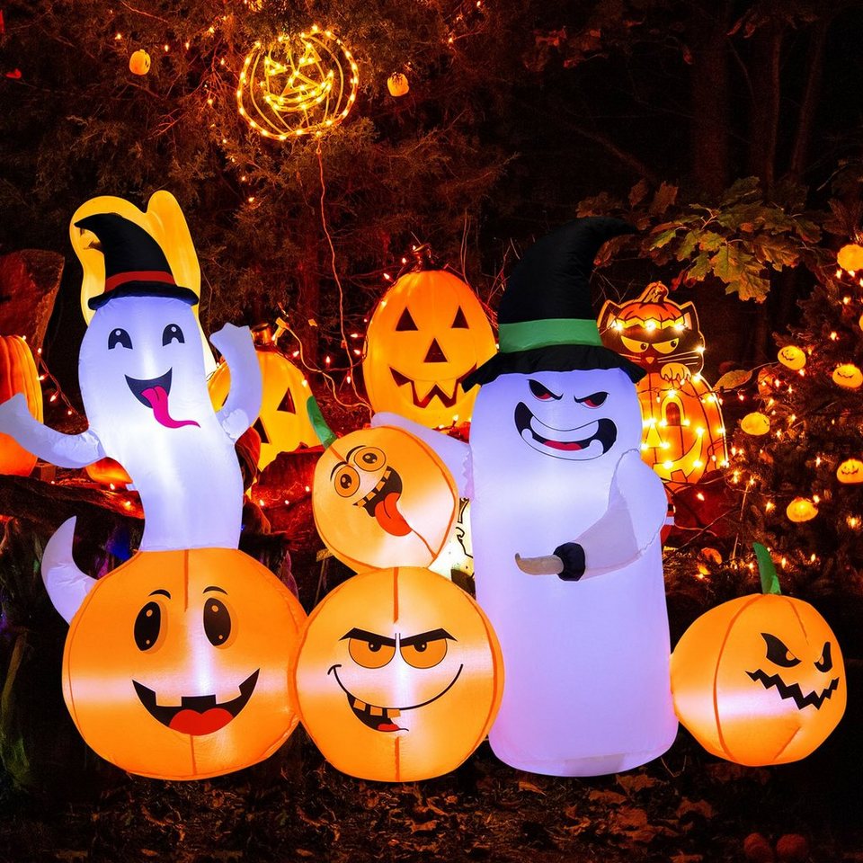 Costway Dekoobjekt Kürbisfamilie Und 2 Geister Mit Hexenhut Für Halloween