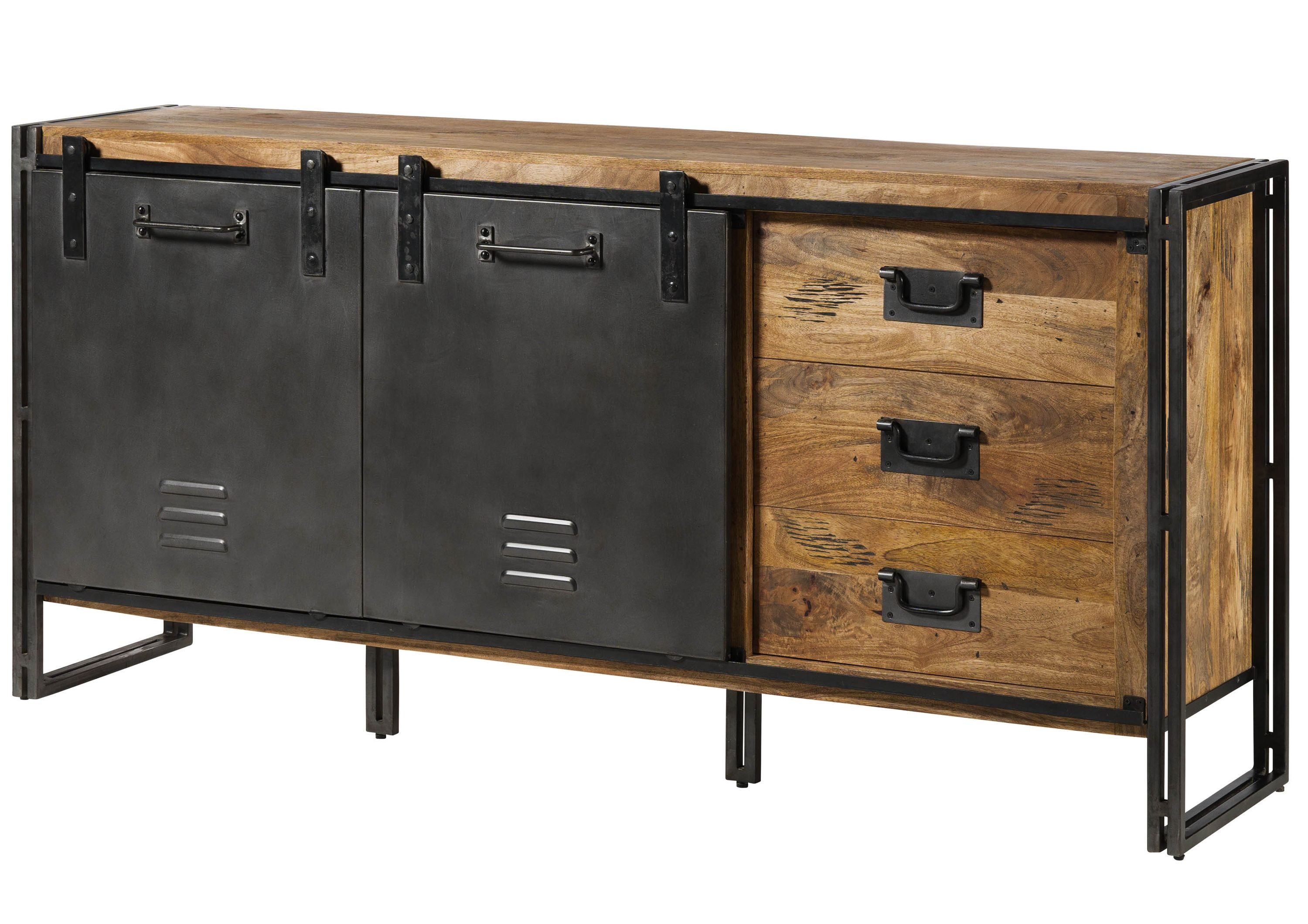 Massivmoebel24 Sideboard Mango 195x45x90 Natur Lackiert Metall Grau