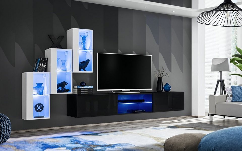 Jvmoebel Wohnwand Modern Wohnwand Tv Ständer 3x Hänge Vitrine Set