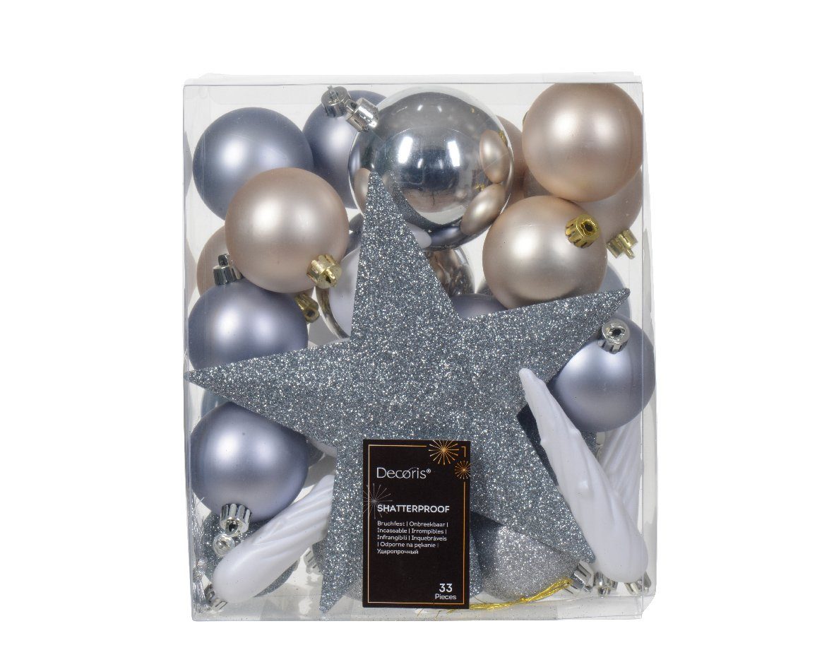 Kaemingk Weihnachtsbaumkugel, Weihnachtskugeln Kunststoff mit Stern 33er Set - Hellblau / Perle Mix