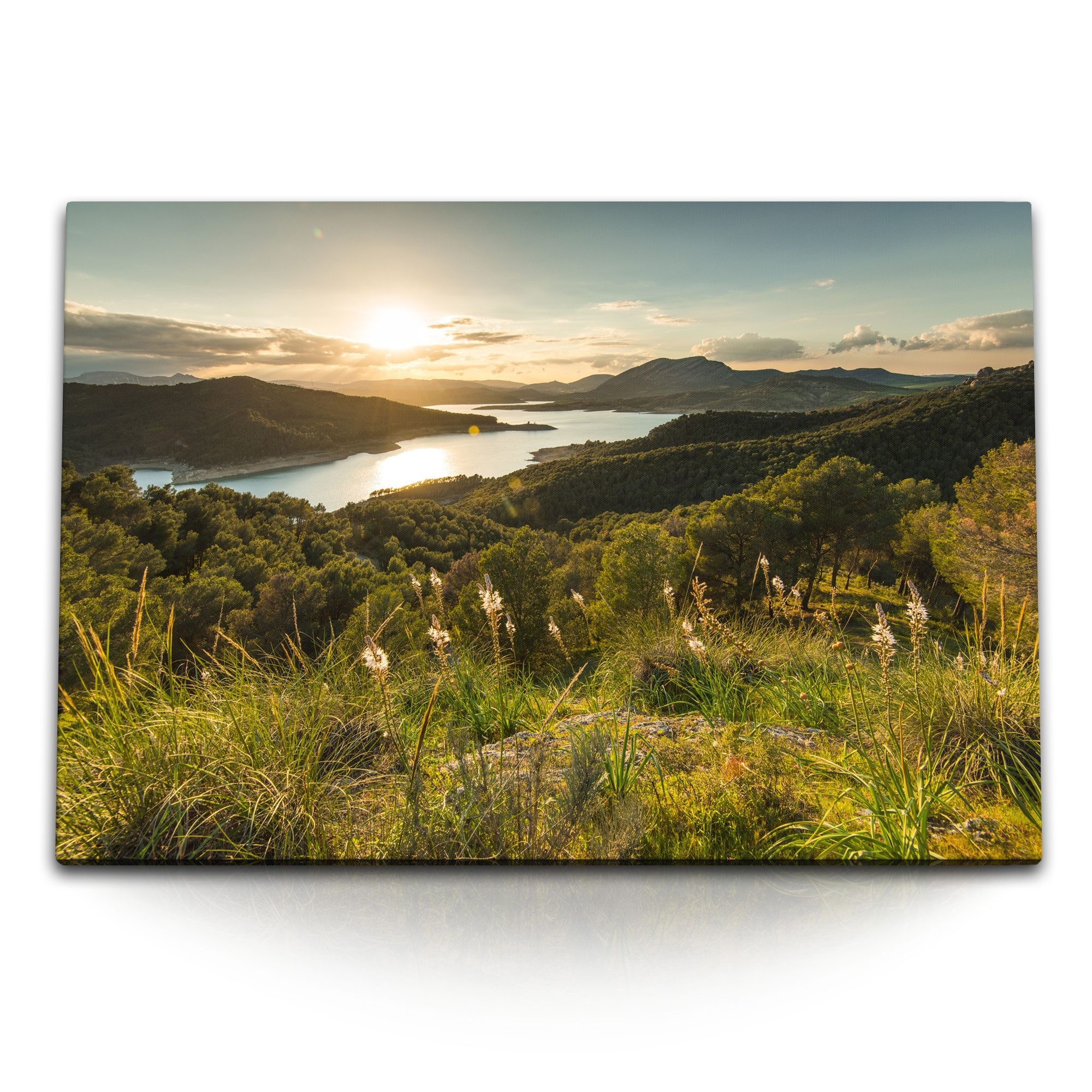 Sinus Art Leinwandbild 120x80cm Wandbild auf Leinwand Sonnenuntergang Berge See Natur Landsch ...