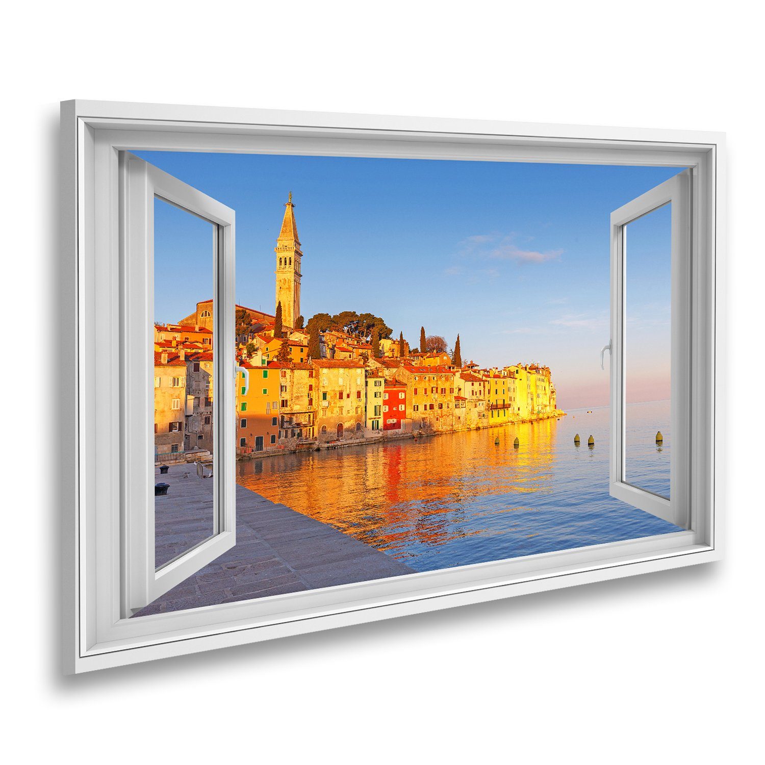 islandburner Leinwandbild Fensterblick Wunderschöner Sonnenuntergang in Rovinj an der kroatische