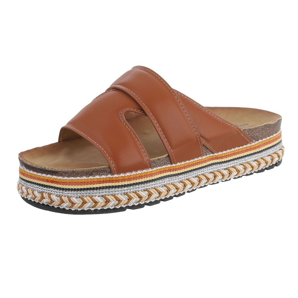 Ital-Design Damen Mules Freizeit Sandalette Flach Pantoletten in Camel