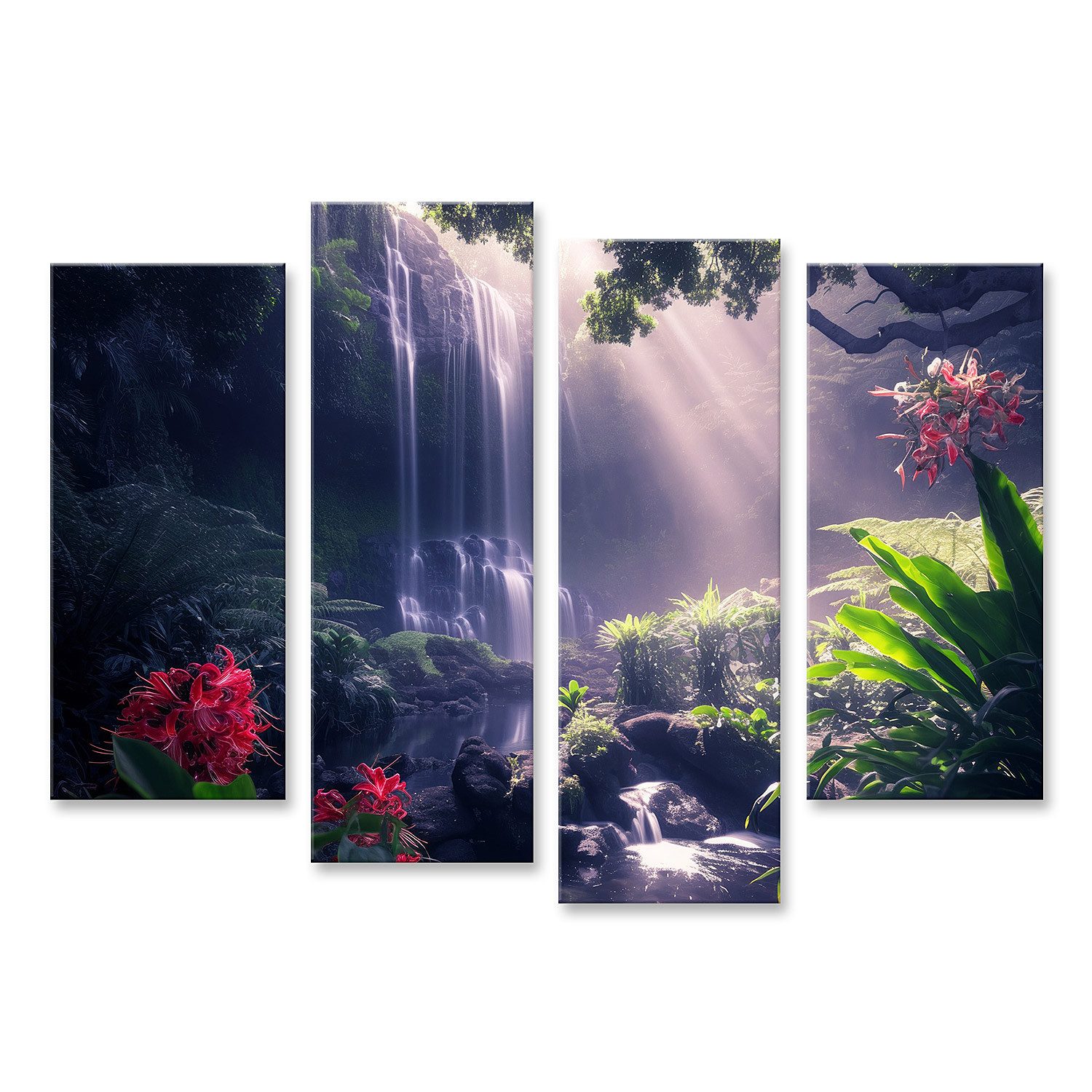 islandburner Leinwandbild, Mystischer Wasserfall im tropischen Dschungel mit Lichtstrahlen ...