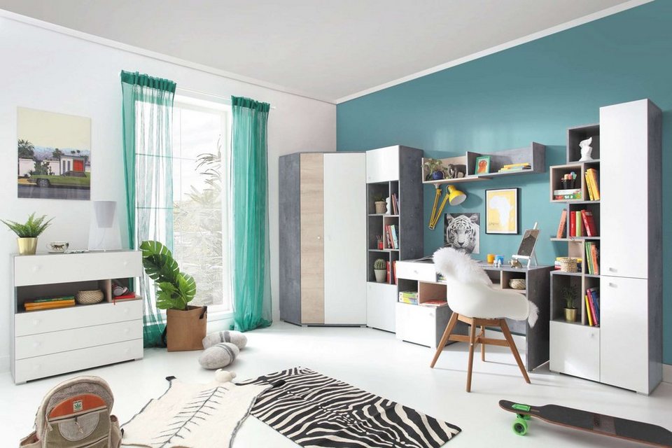 Stylefy Jugendzimmer Set Lendon Eiche Beton Weiß Hochglanz