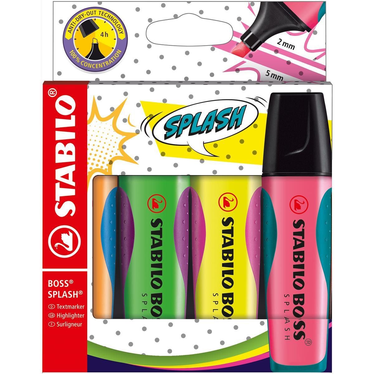 STABILO Marker STABILO BOSS SPLASH Textmarker - 2+5 mm - 4er Set