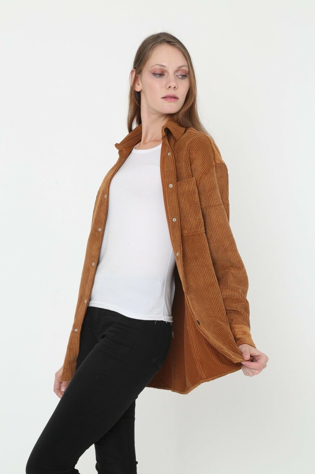 cofi1453 Hemdbluse Damen Cord Hemd Freizeit-Hemd Oversize Bluse