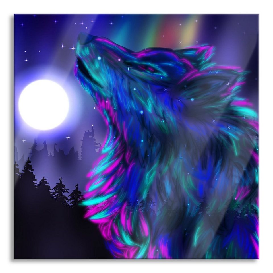 Pixxprint Glasbild Abstrakter Wolf Mit Mond Abstrakter Wolf Mit Mond