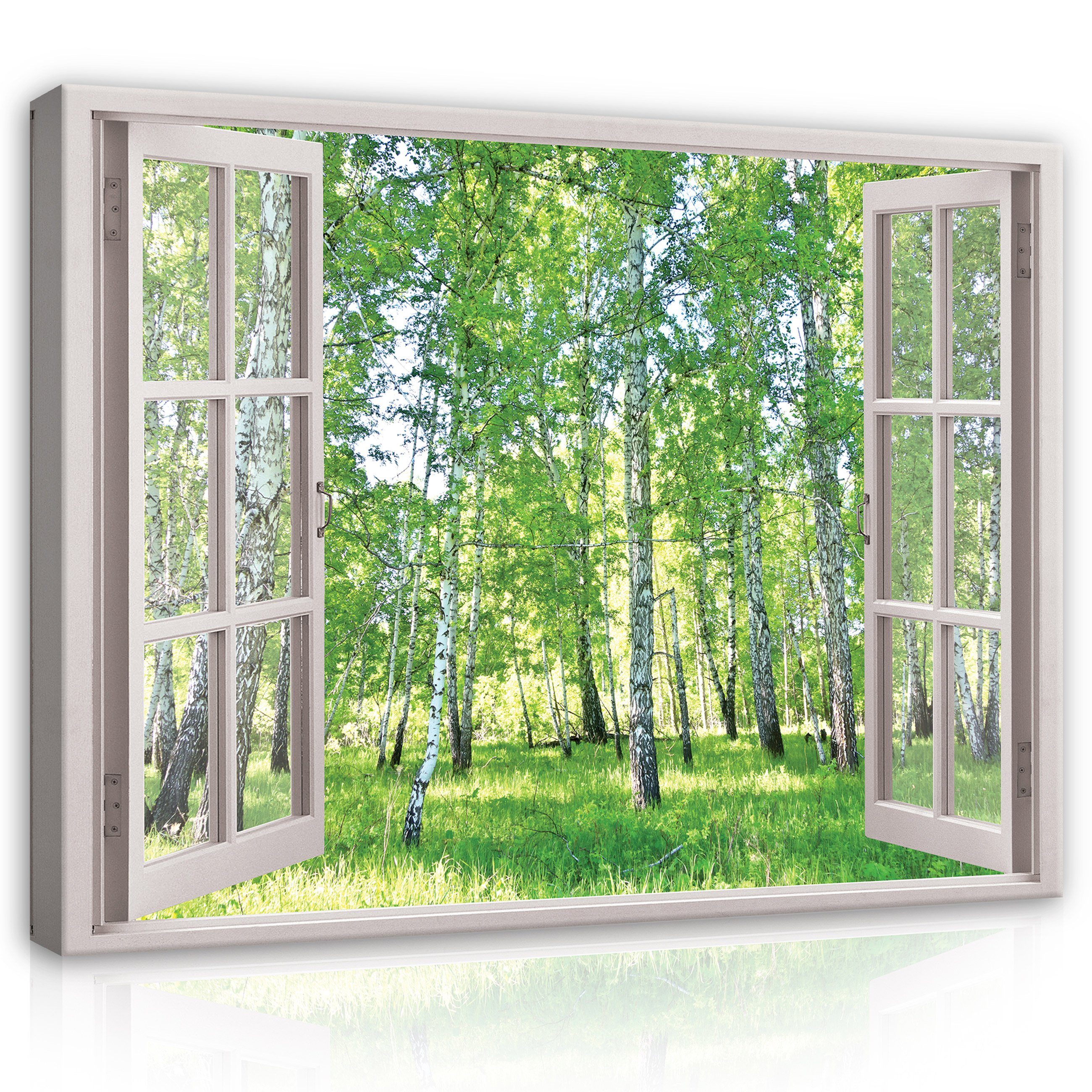 Wallarena Leinwandbild Fensterblick Wald Birkenwald Birken Natur Fenster Wandbild Groß XXL ...