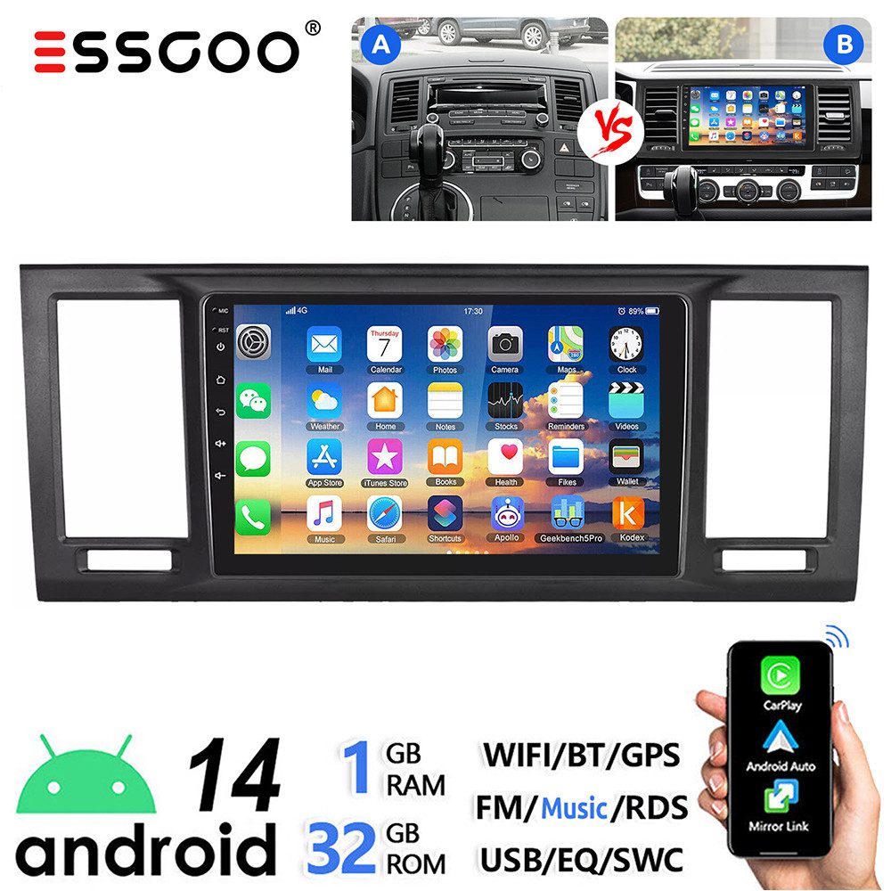 ESSGOO 9" Android 14 4+64G(optional) GPS Für VW T6 Transporter Multivan Autoradio (DAB (optional ...