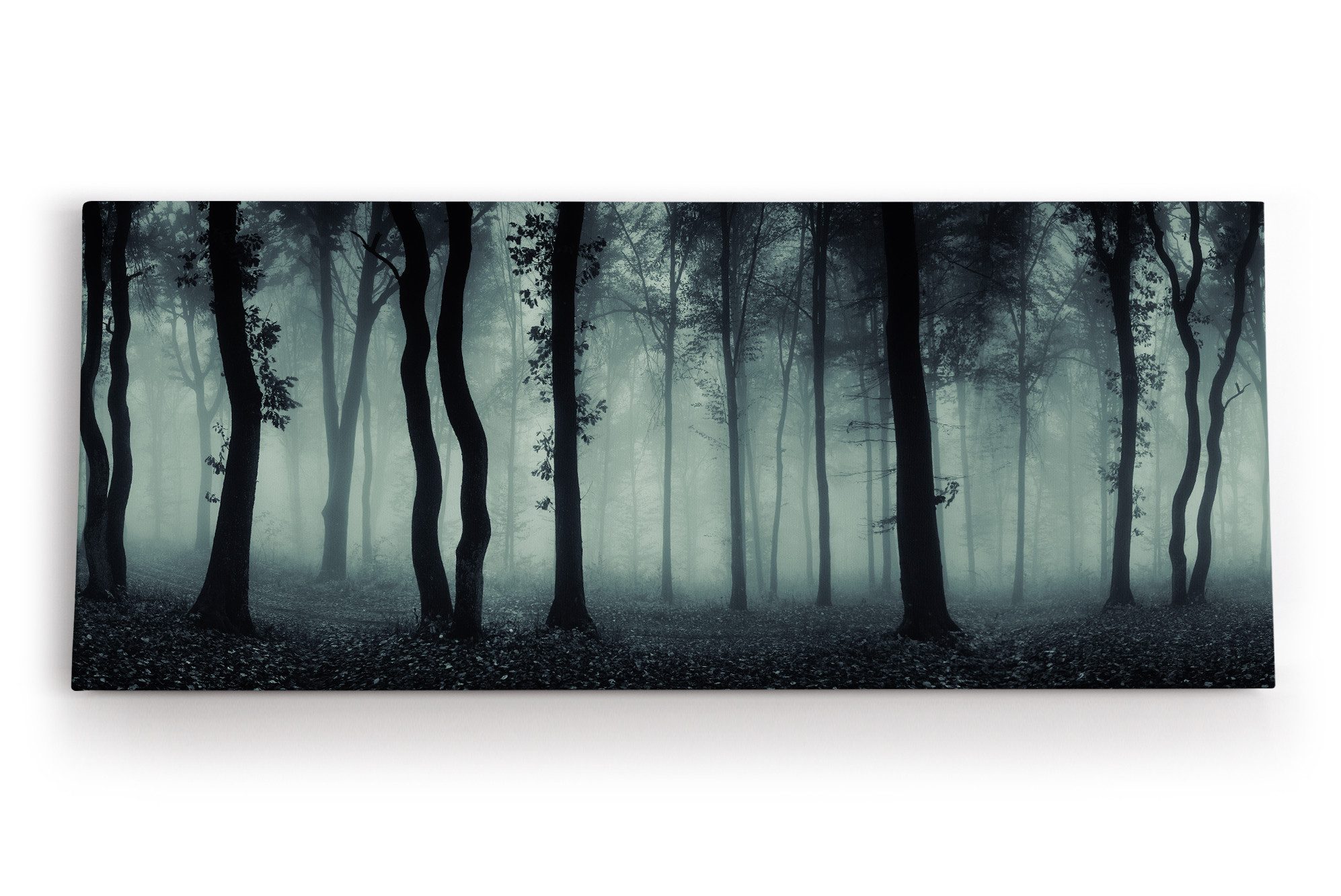 möbel-direkt.de Leinwandbild Wald Bäume Dunkel Schwarz Nebel Herbst Mystisch