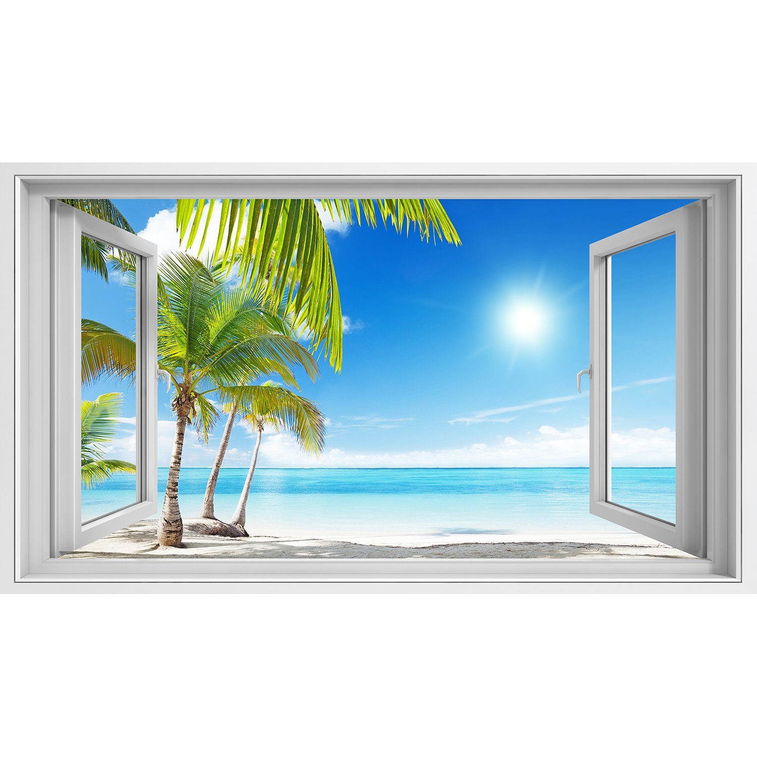 islandburner Leinwandbild Fensterblick Karibisches Meer und Kokosnusspalmen Sagenhafter Effekt W