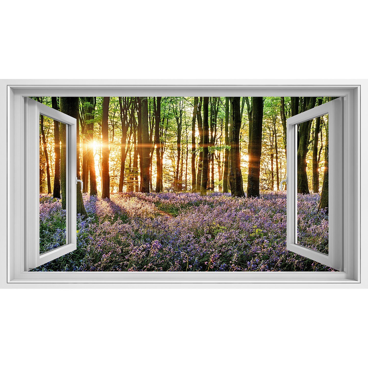 islandburner Leinwandbild Fensterblick Blühende Glockenblumen im Wald im Morgenlicht Sagenhafter