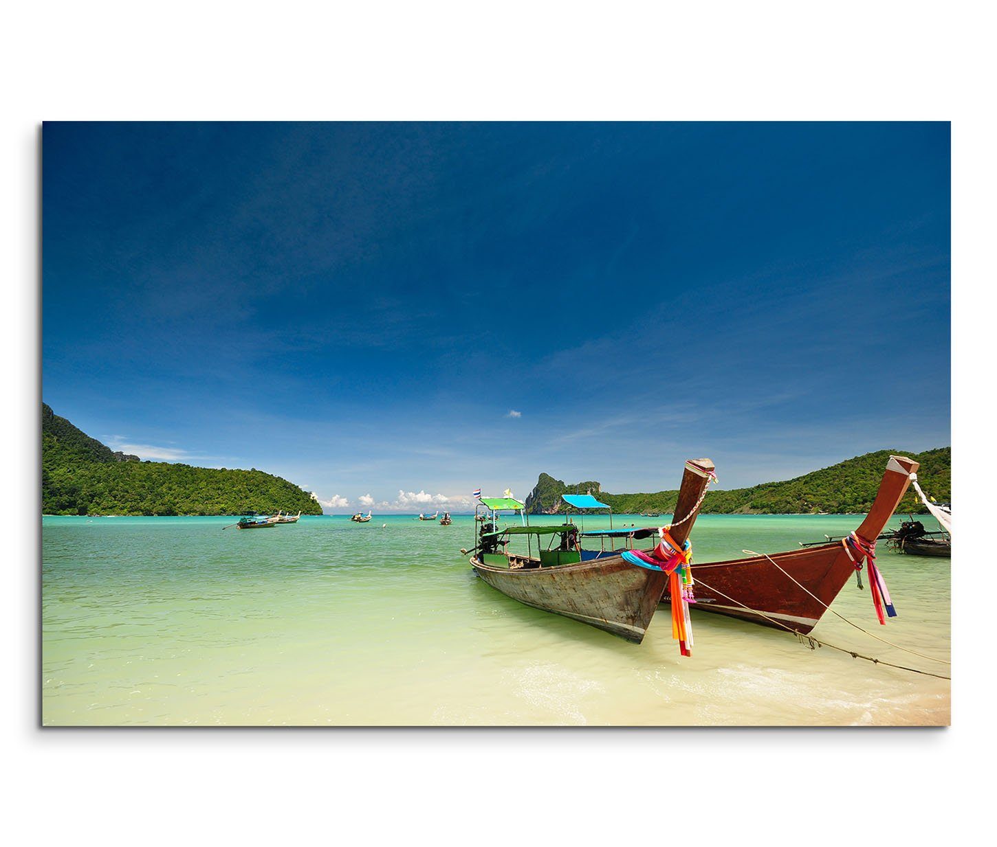 Sinus Art Leinwandbild 120x80cm Wandbild Meer Sandstrand Holzboote Sommer