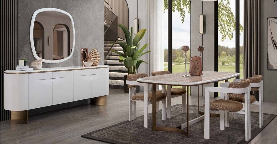 Jvmoebel Essgruppe Esszimmer Set Esstisch 4x Stühle Kommode Spiegel