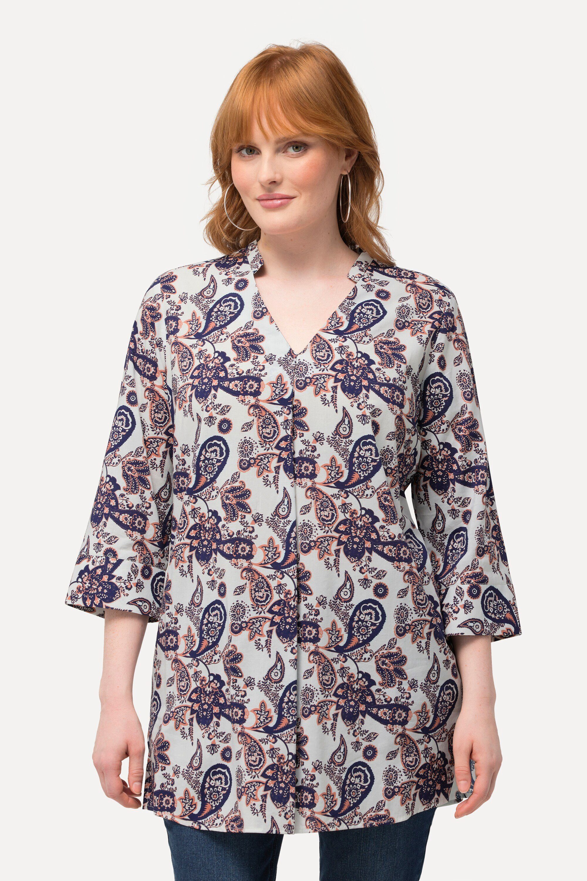 Ulla Popken Longbluse Tunika Paisleymuster V Ausschnitt Stehkragen
