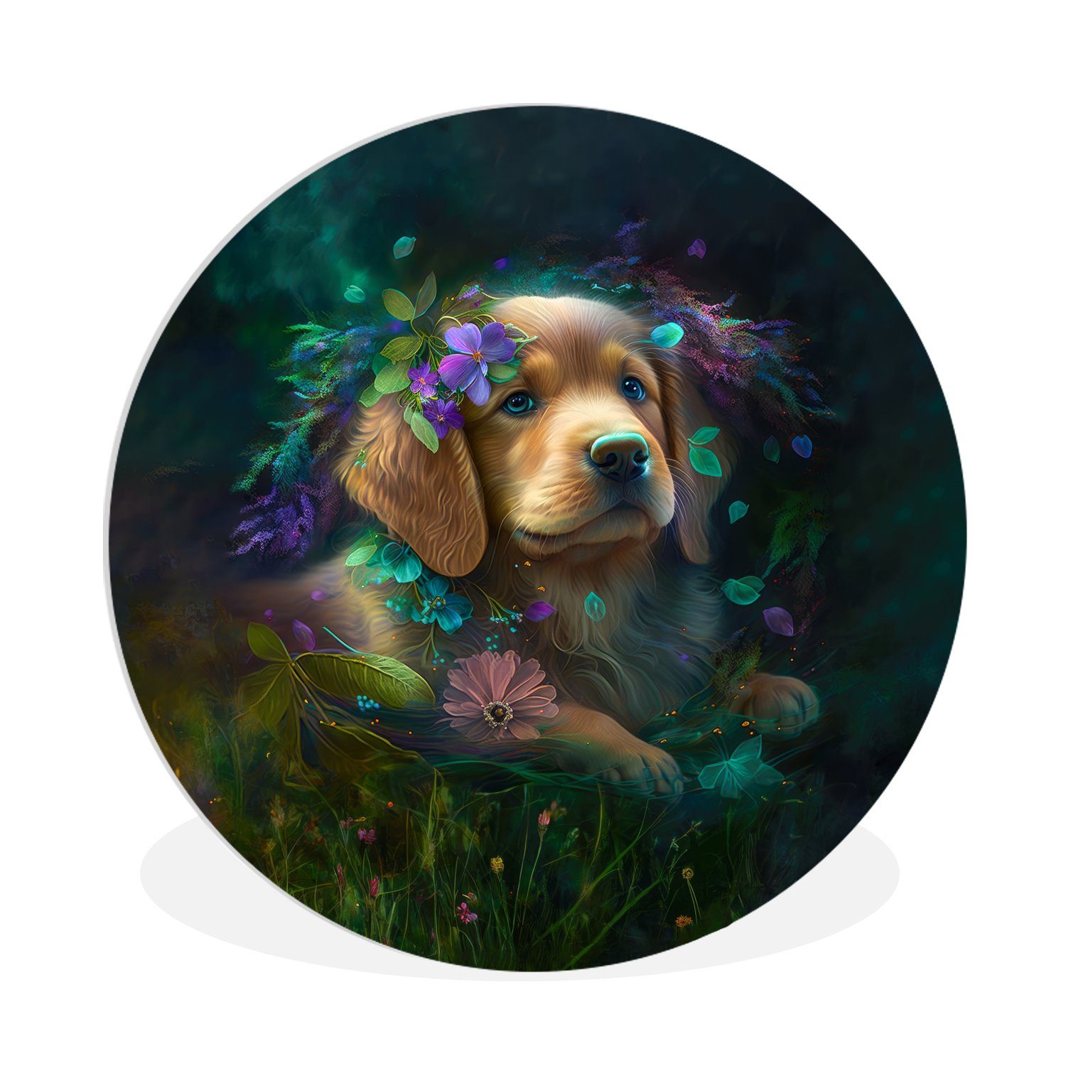 Muchowow Gemälde Hund Welpe Blumen Natur Golden Retriever 1
