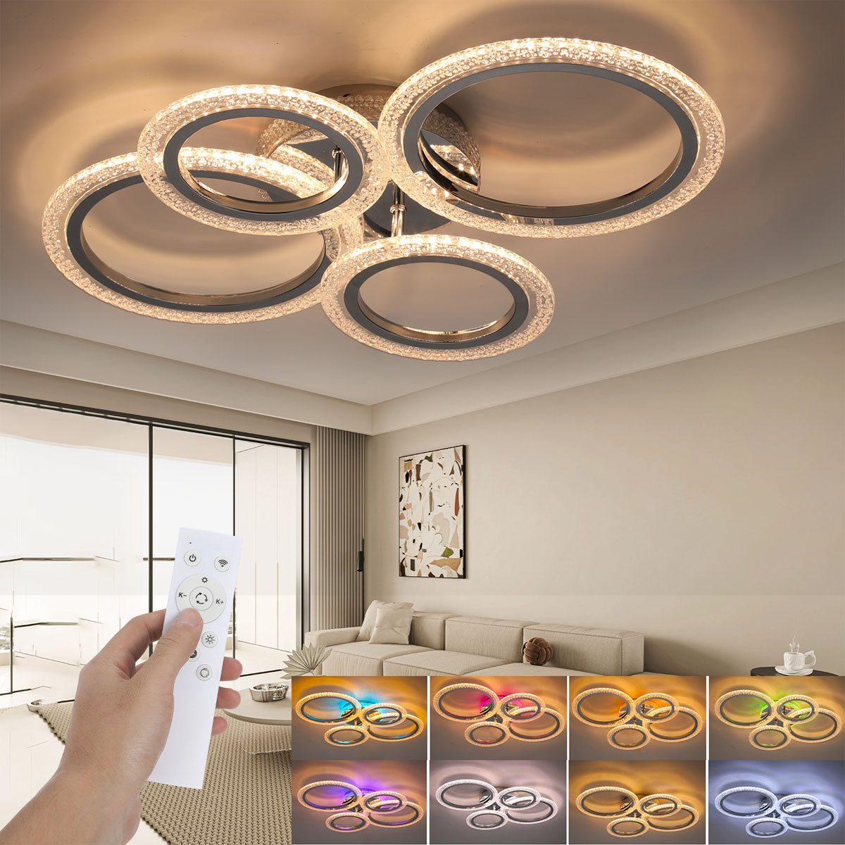 oyajia LED Deckenleuchte Moderne 4 Ring Deckenleuchte mit RGB Farbwechsel Backlamp, Dimmbare ...