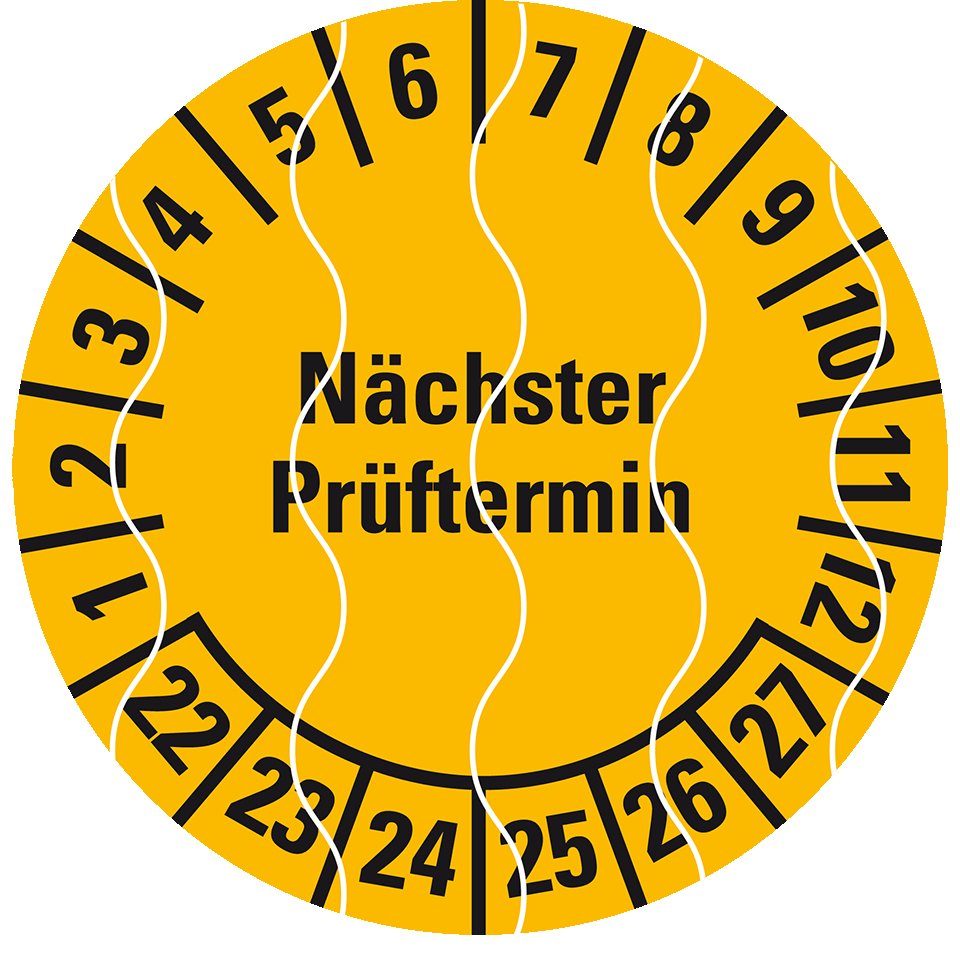 Dreifke Hinweisschild Plakette Nä. Prüftermin 22-27, gelb, Sicherheitsfolie, Ø 20mm, 36/Bo