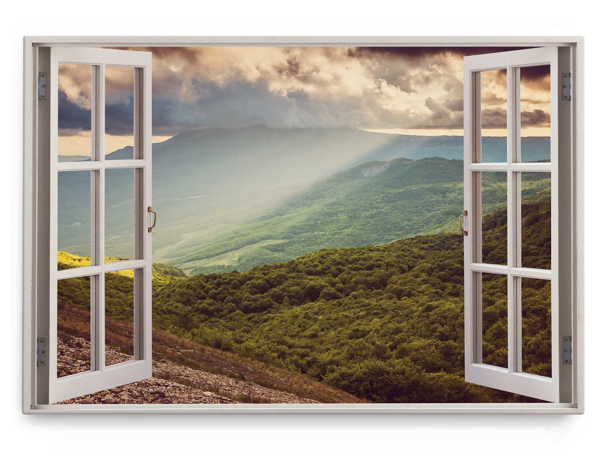 Sinus Art Leinwandbild Wandbild 120x80cm Fensterbild Berge Berglandschaft Grün Wälder Sonnens ...