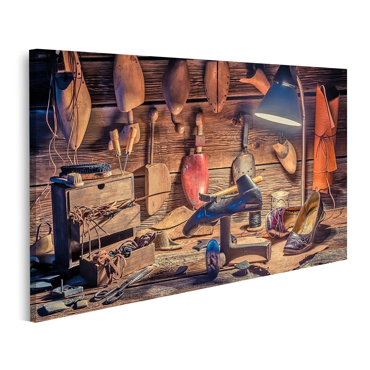 islandburner Leinwandbild »Bild auf Leinwand Vintage Schuster Arbeitsplatz Mit Pinsel Und Schuhe«